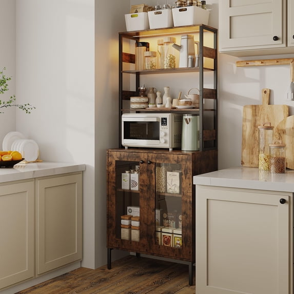 66.9" Tall Kitchen Pantry Cabinet with Power Outlets & LED Lights ...