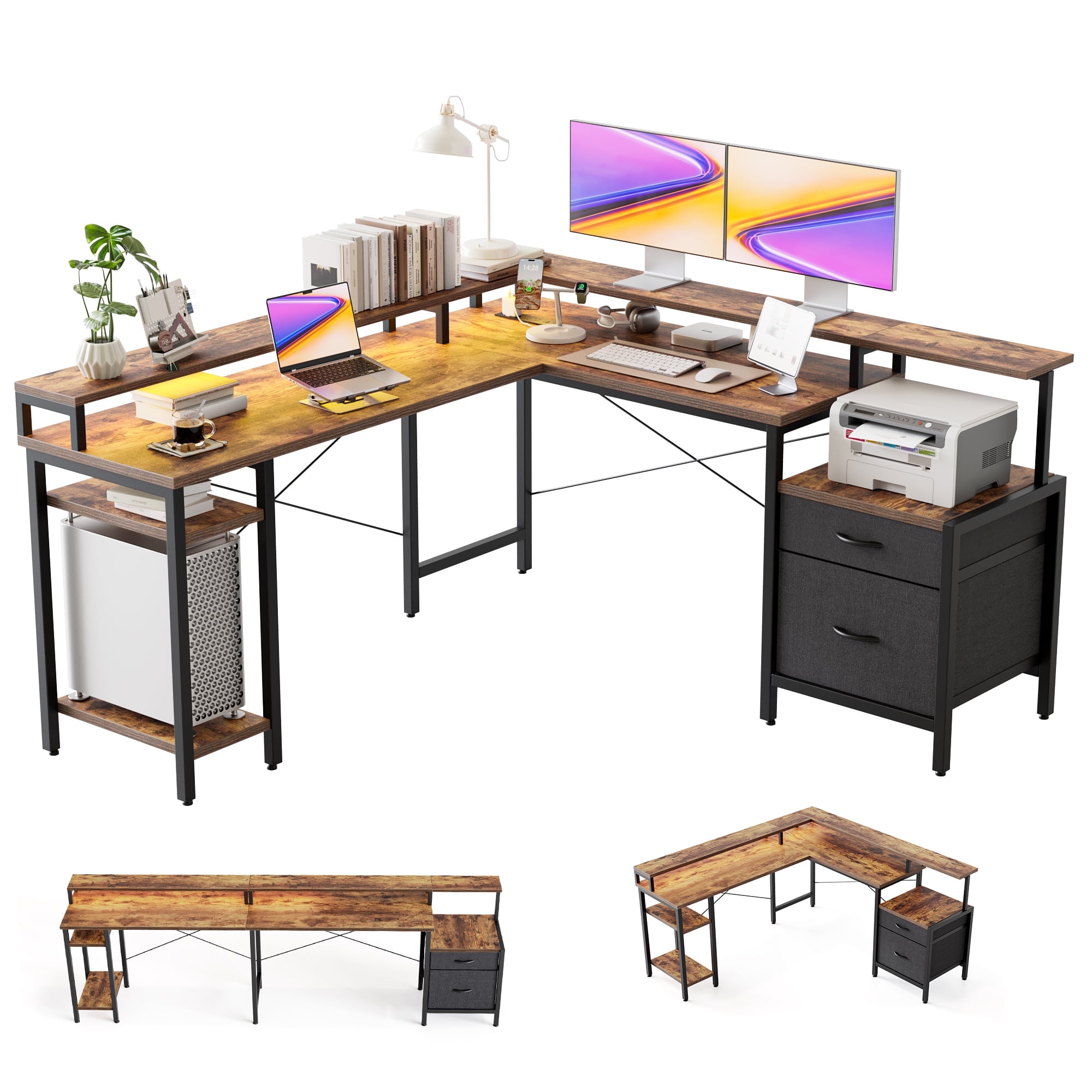 66.93 Inch L-Shaped Desk with Storage Drawers, Gaming Desk with Power ...