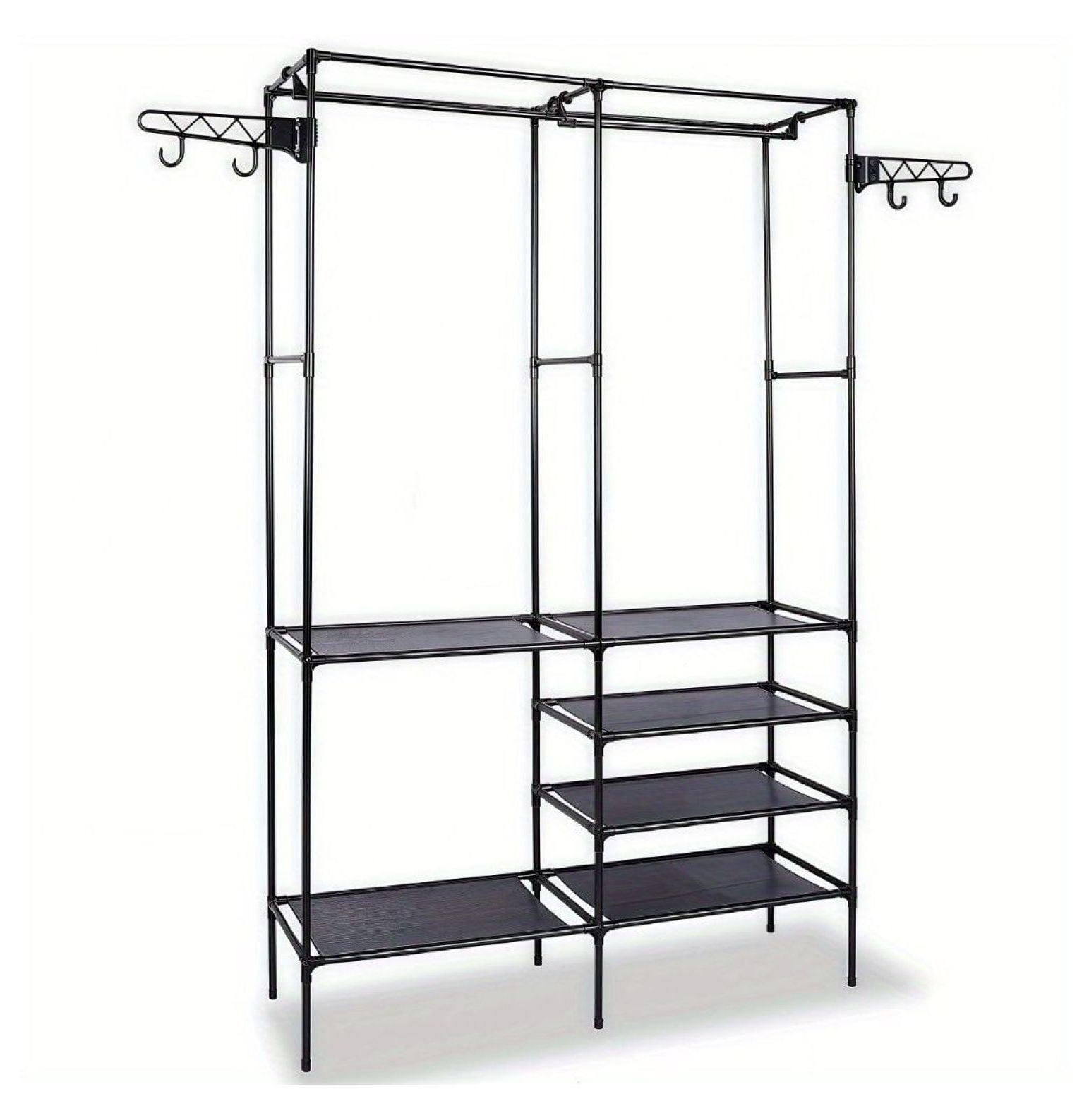 66'' Black Metal Clothing Rack - 4-Tier Portable Wardrobe with 2 ...