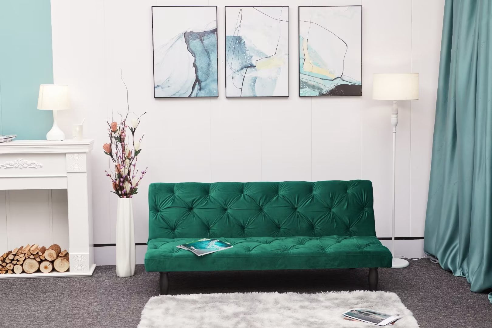 66" Convertible Futon Sofa Bed, Velvet Tufted Upholstered Sofa Sleeper ...