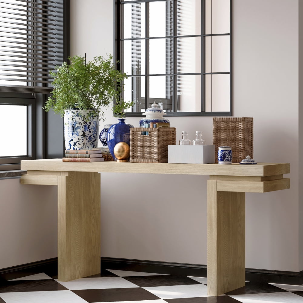 66" Extra Wide Real Wood Veneered Console Table, Minimalist Sofa Table Behind Couch for Entryway ...