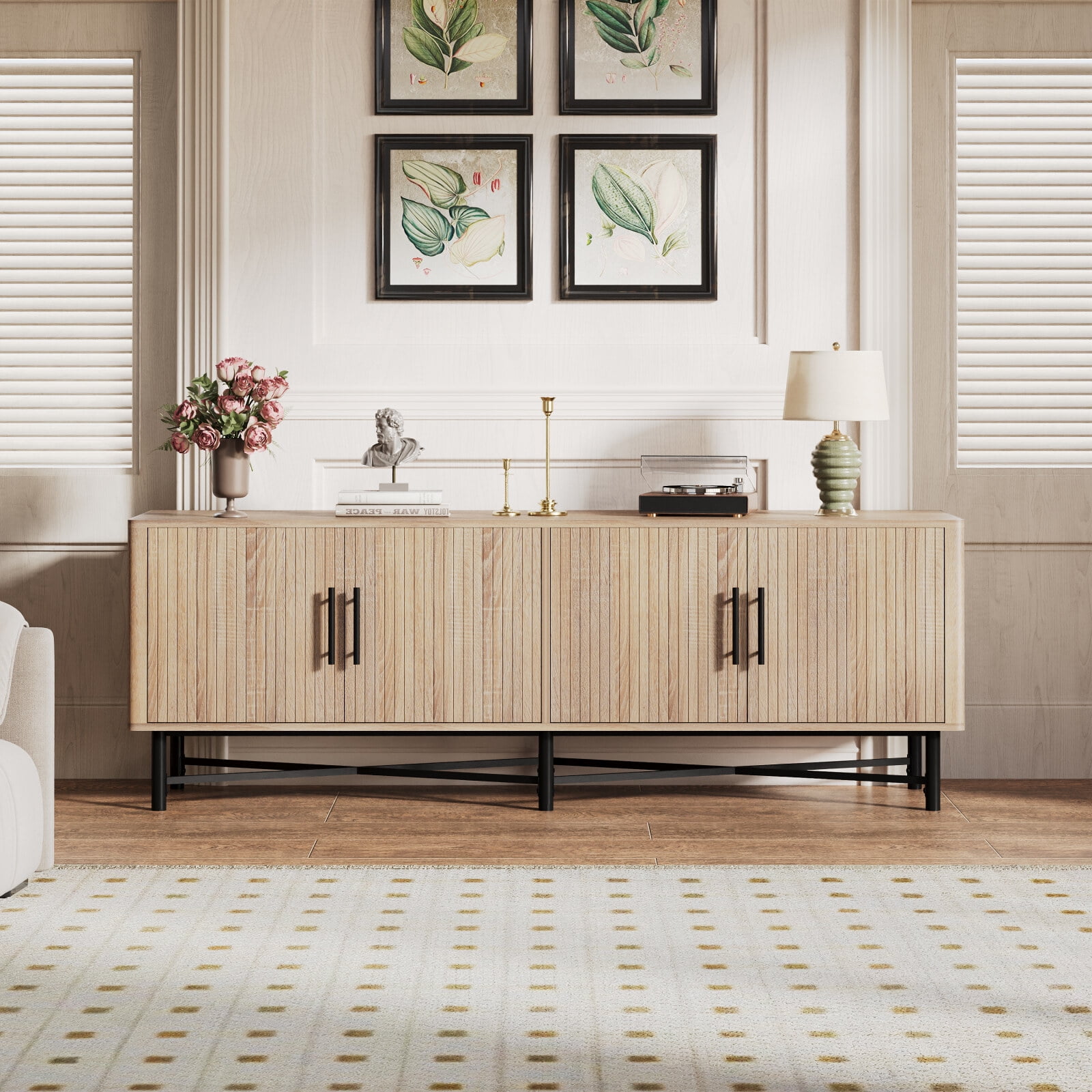 66'' Farmhouse TV Stand with 2 Storage Spaces, 4 Doors Entertainment Center with Adjustable ...