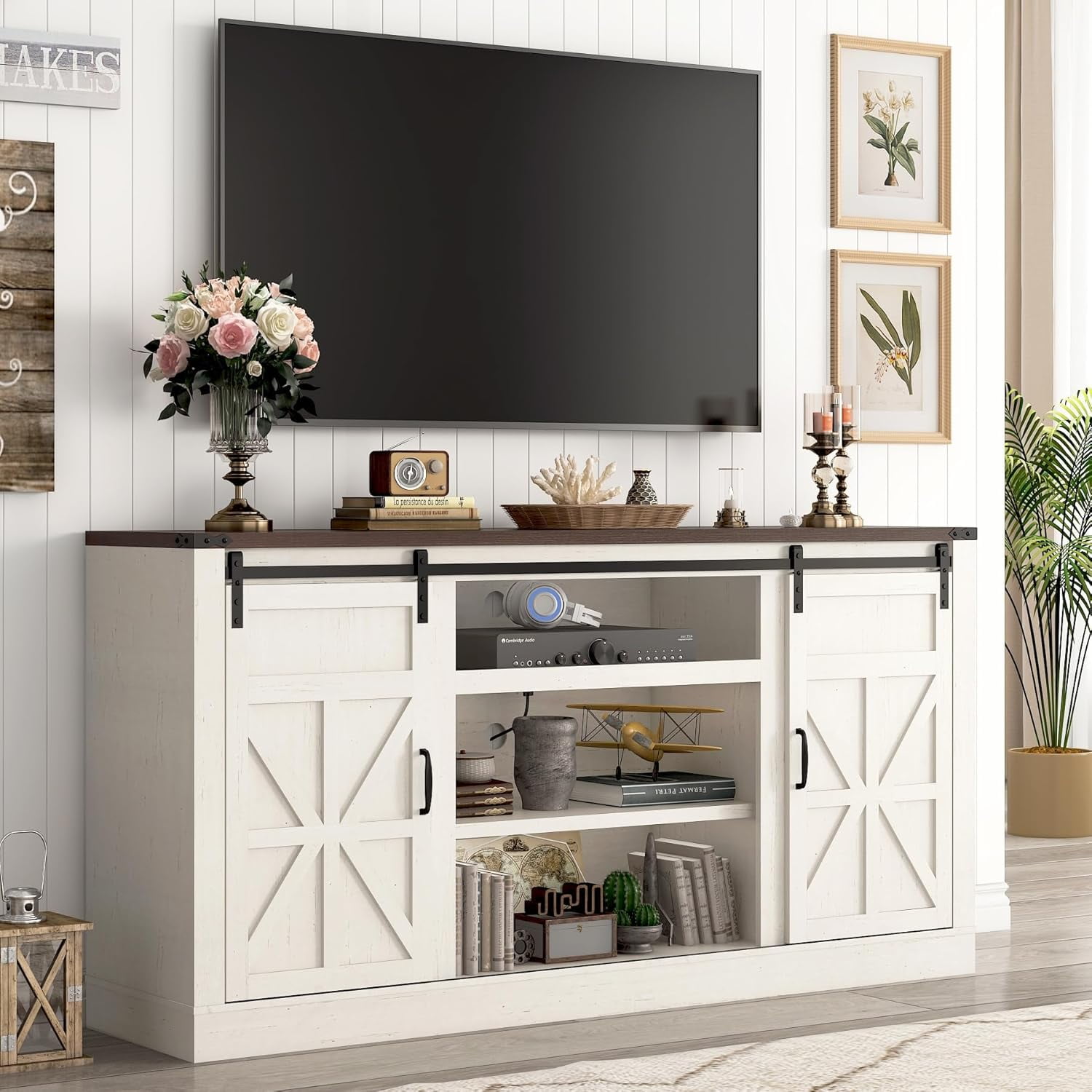 66" Farmhouse TV Stand for 75 Inch TV, 33" Tall Entertainment Center ...