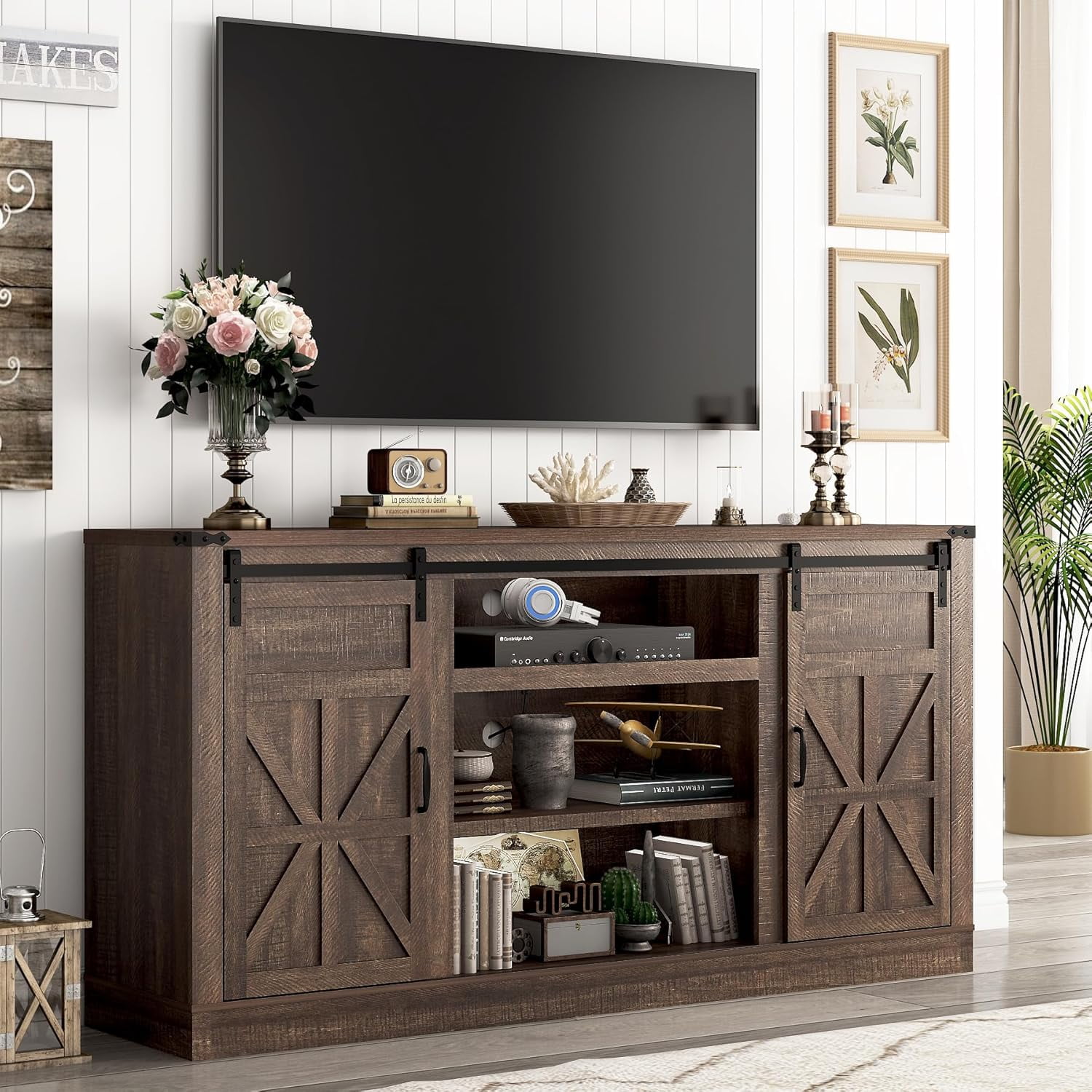 66" Farmhouse TV Stand for 75 Inch TV, 33" Tall Entertainment Center ...