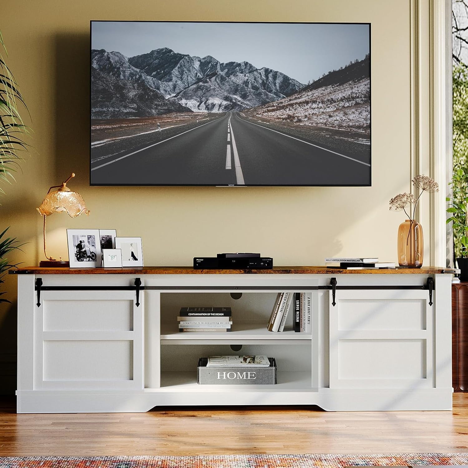 66” Farmhouse TV Stand, Modern Rustic Entertainment Center with Sliding ...