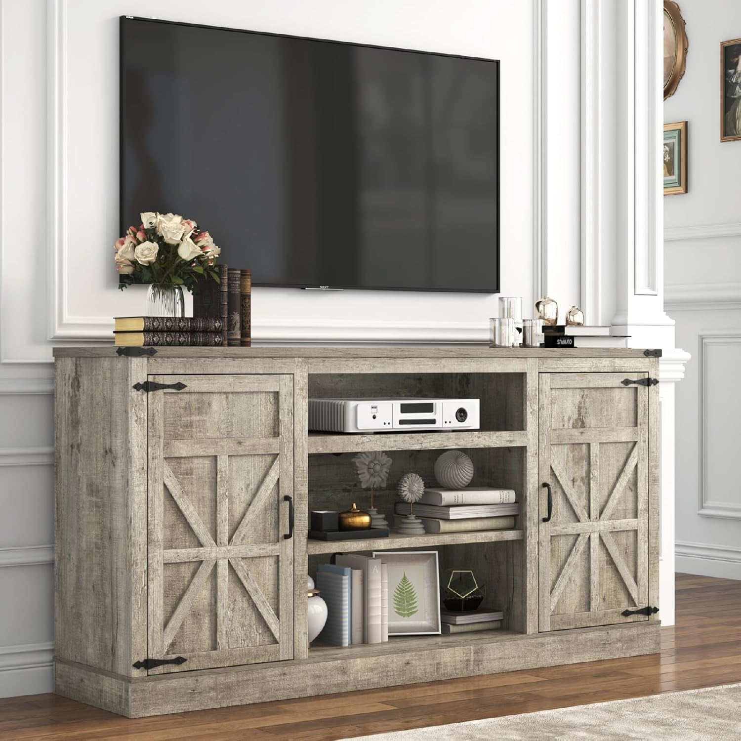 66" Farmhouse TV Stand with Power Outlets for 75 Inch TVs, 33" Tall ...