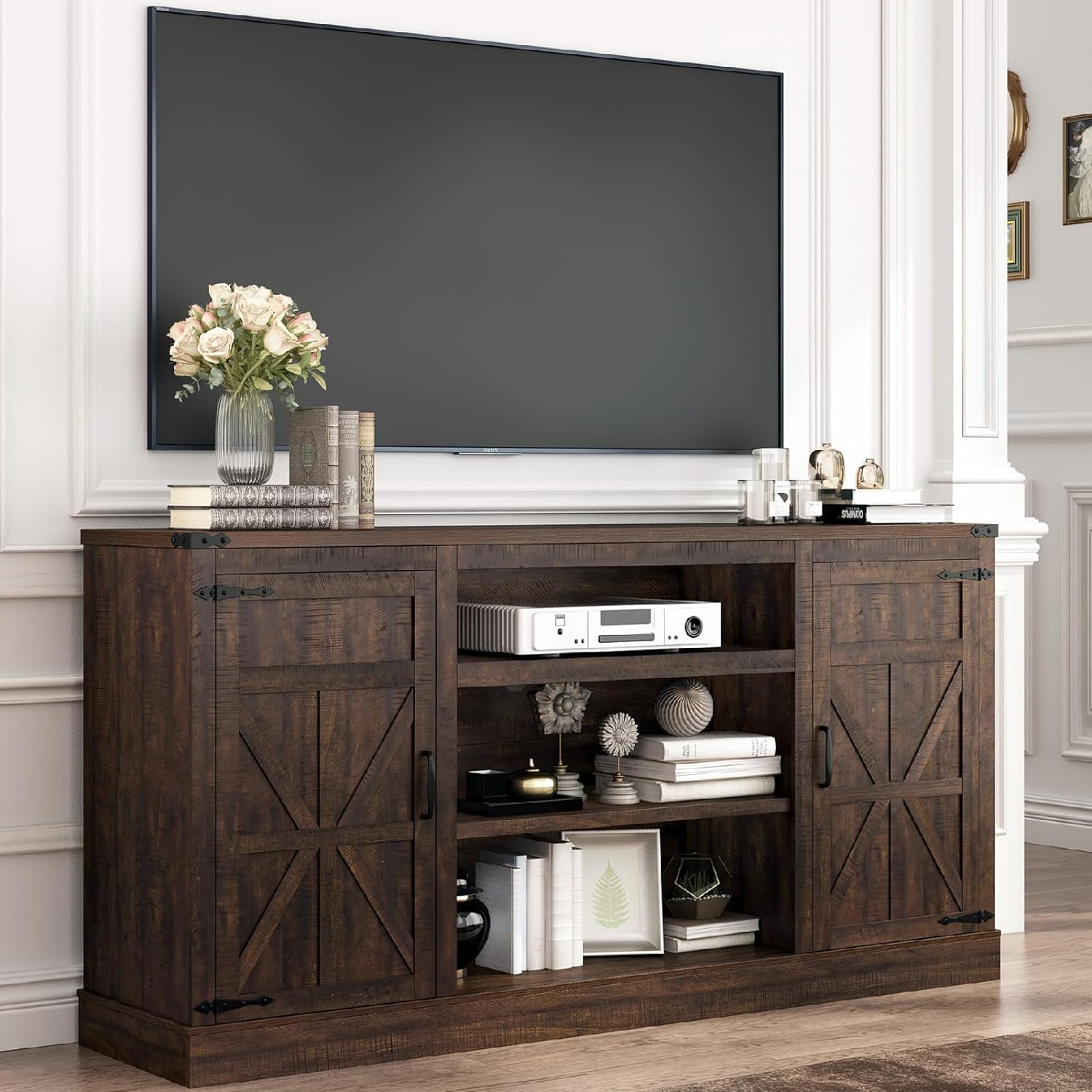 66" Farmhouse TV Stand with Power Outlets for 75 Inch TVs, 33" Tall ...