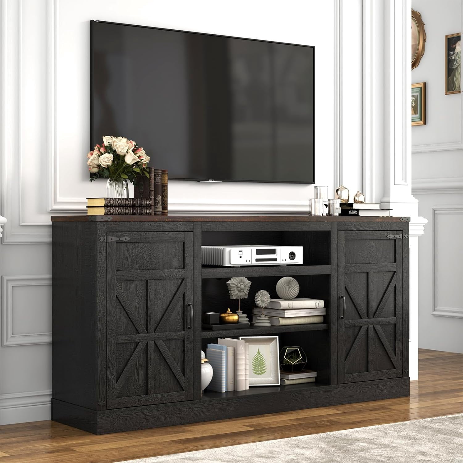 66" Farmhouse TV Stand with Power Outlets for 75 Inch TVs, 33" Tall ...