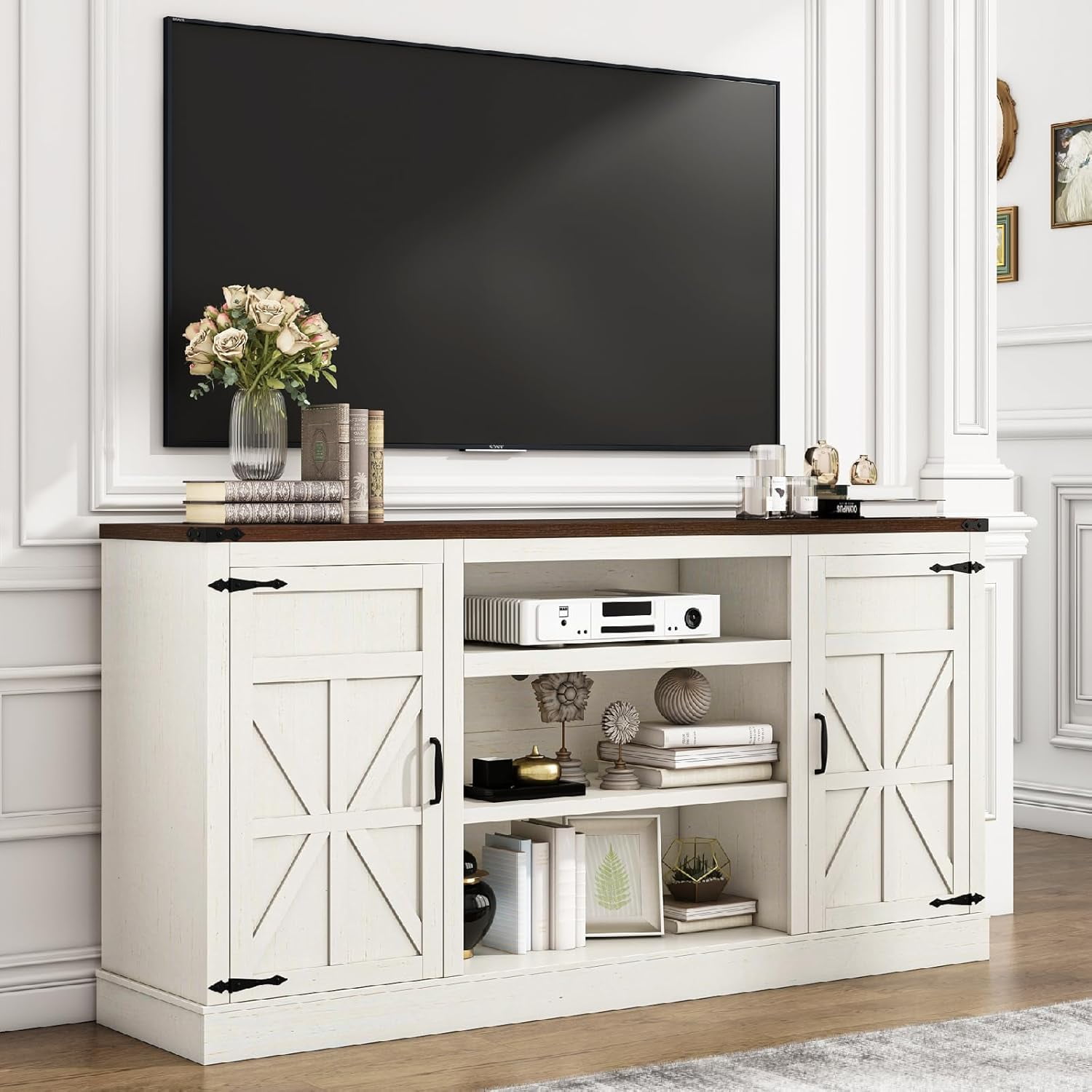 66" Farmhouse TV Stand with Power Outlets for 75 Inch TVs, 33" Tall ...