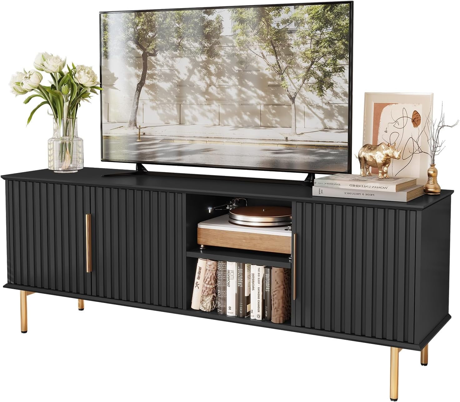 66 Fluted Mid-Century Modern TV Stand & Entertainment Center - Wooden ...