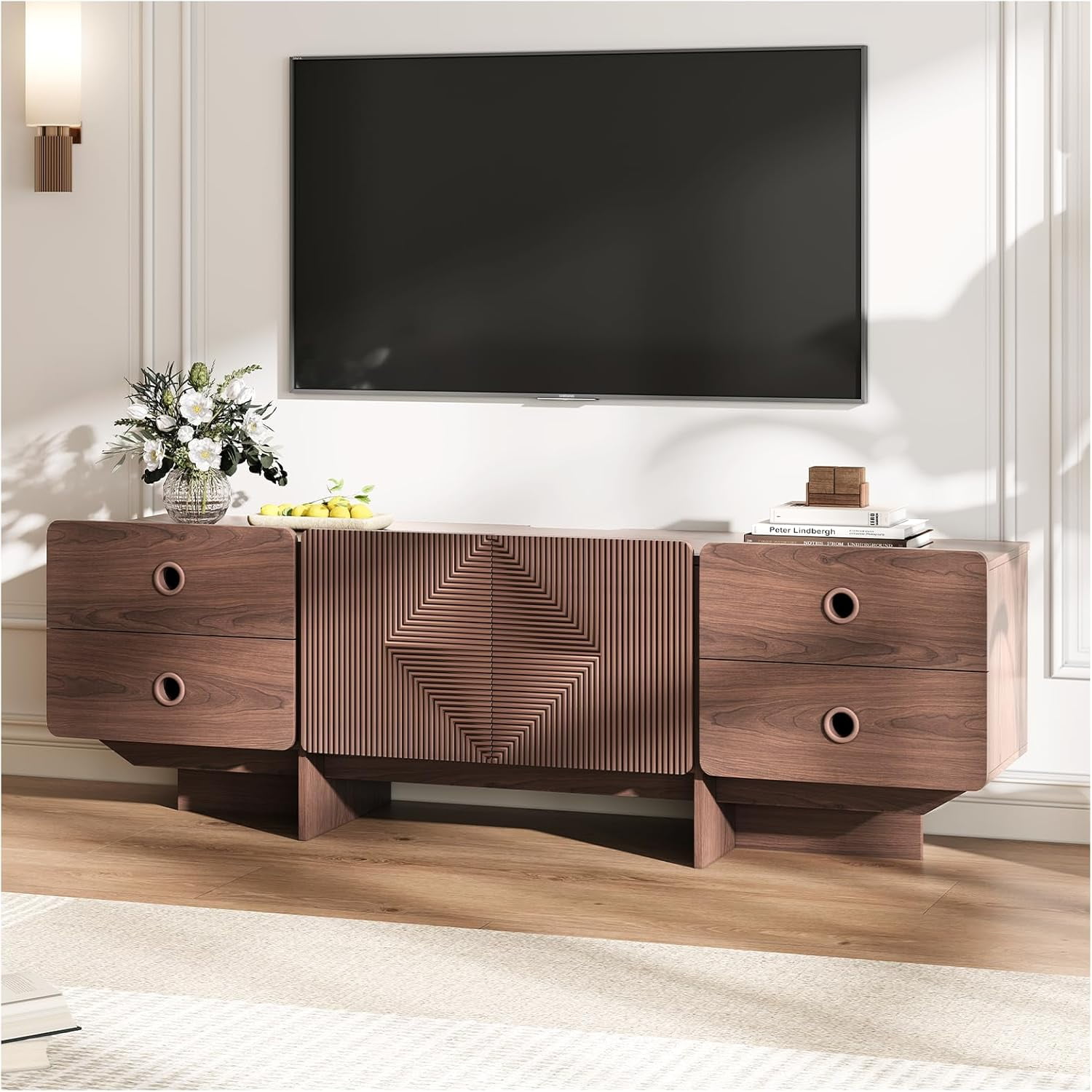 66" Fluted TV Stands for Living Room, Mid Century Modern TV Consoles ...