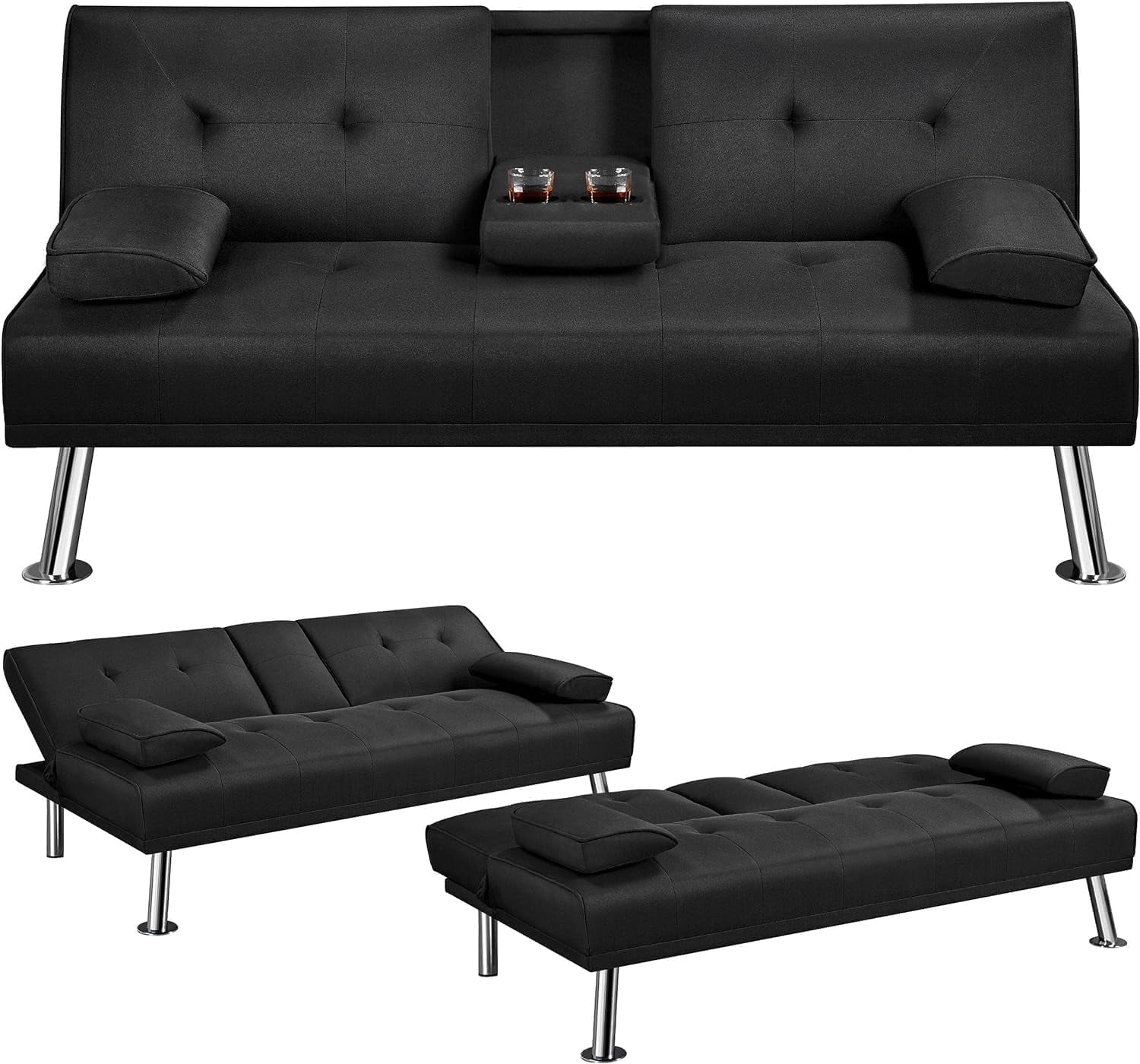 66'' Futon Sofa Bed Modern Folding Small Black Couch Bed PU Leather ...