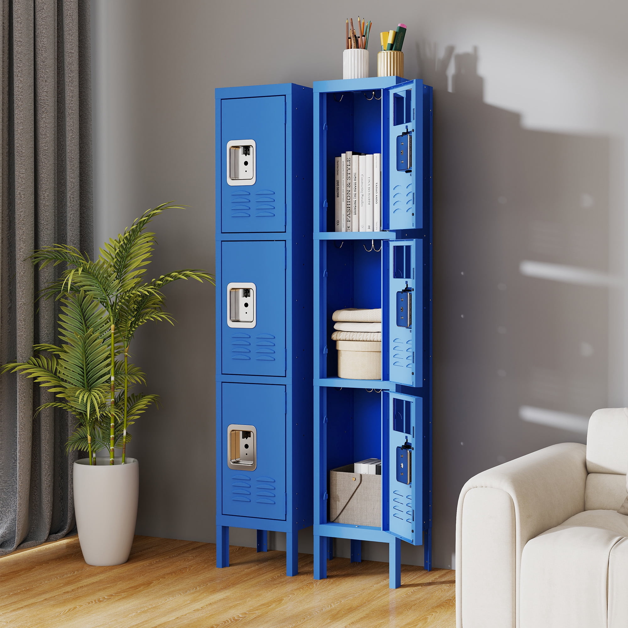 66"H 3-Door Metal Locker Blue Steel Storage Locker with Locks for ...
