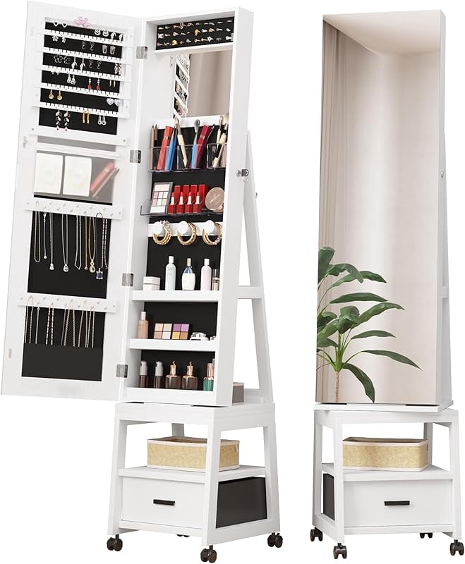 66" H Jewelry Armoire with Full Length Mirror, 360 ° Rotating Jewelry ...