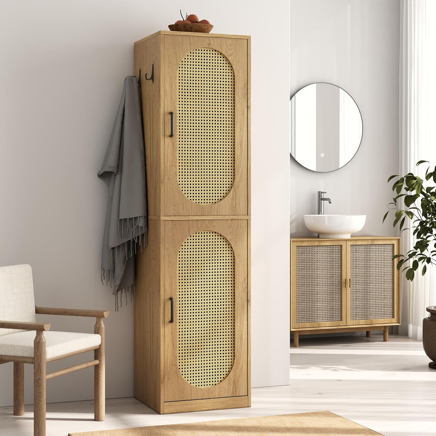 66-Inch Bathroom Storage Cabinet with Rattan Doors for Toilet, Tall ...