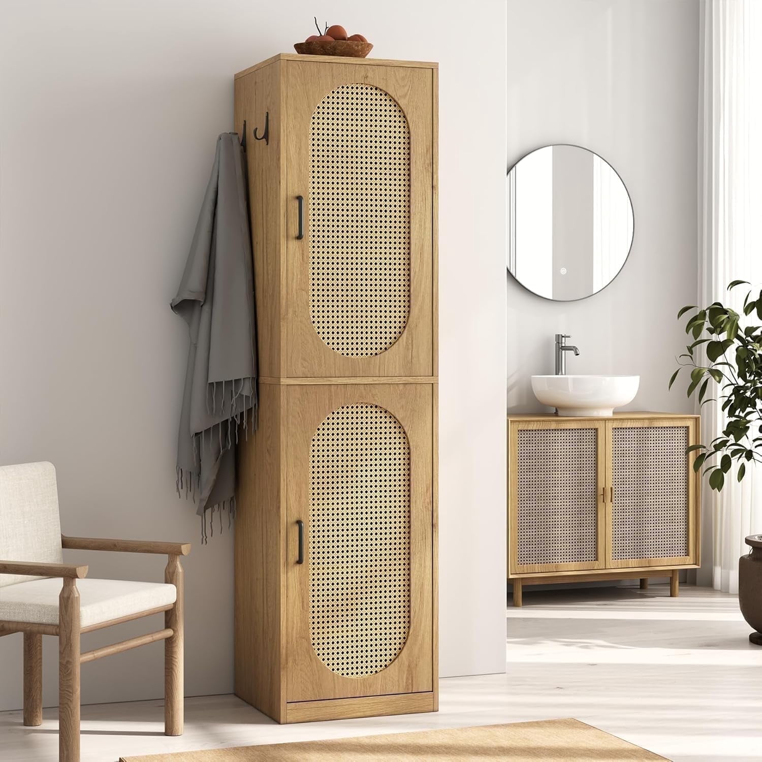 66-Inch Bathroom Storage Cabinet with Rattan Doors, Bath Room Organizer ...