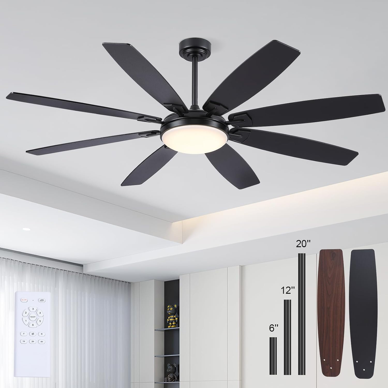 66 Inch Ceiling Fans with Lights and Remote, Black Large Ceiling Fan ...