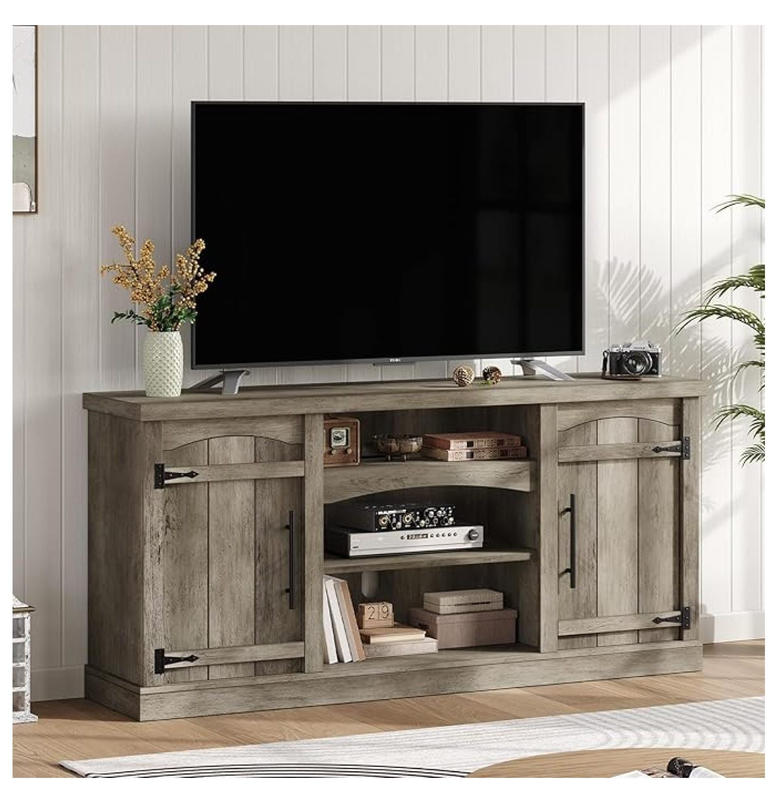 66 Inch Farmhouse TV Stand for 75 Inch TV with Power Outlet ...