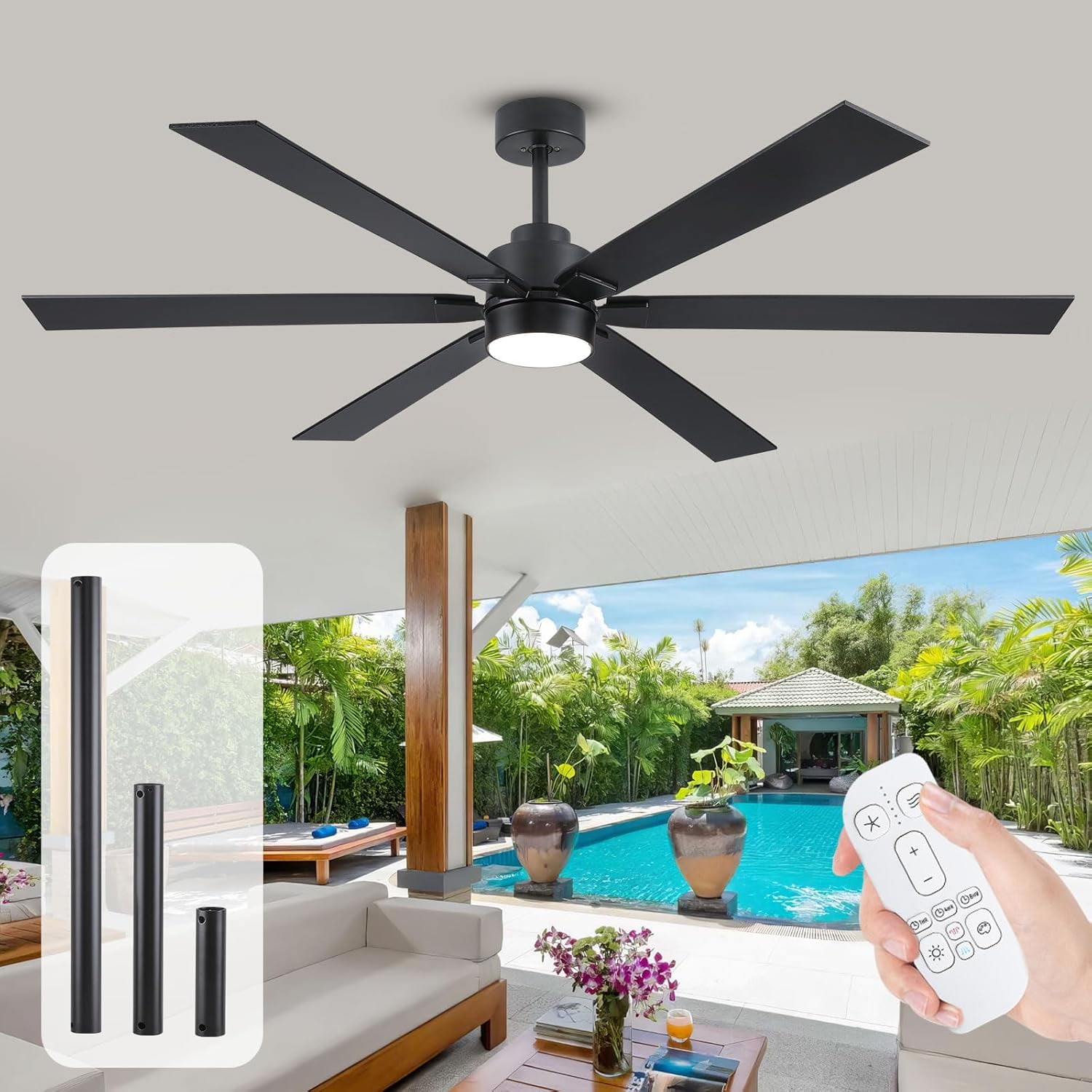66 Inch Outdoor Ceiling Fan with Light, Large Matte Black Industrial ...