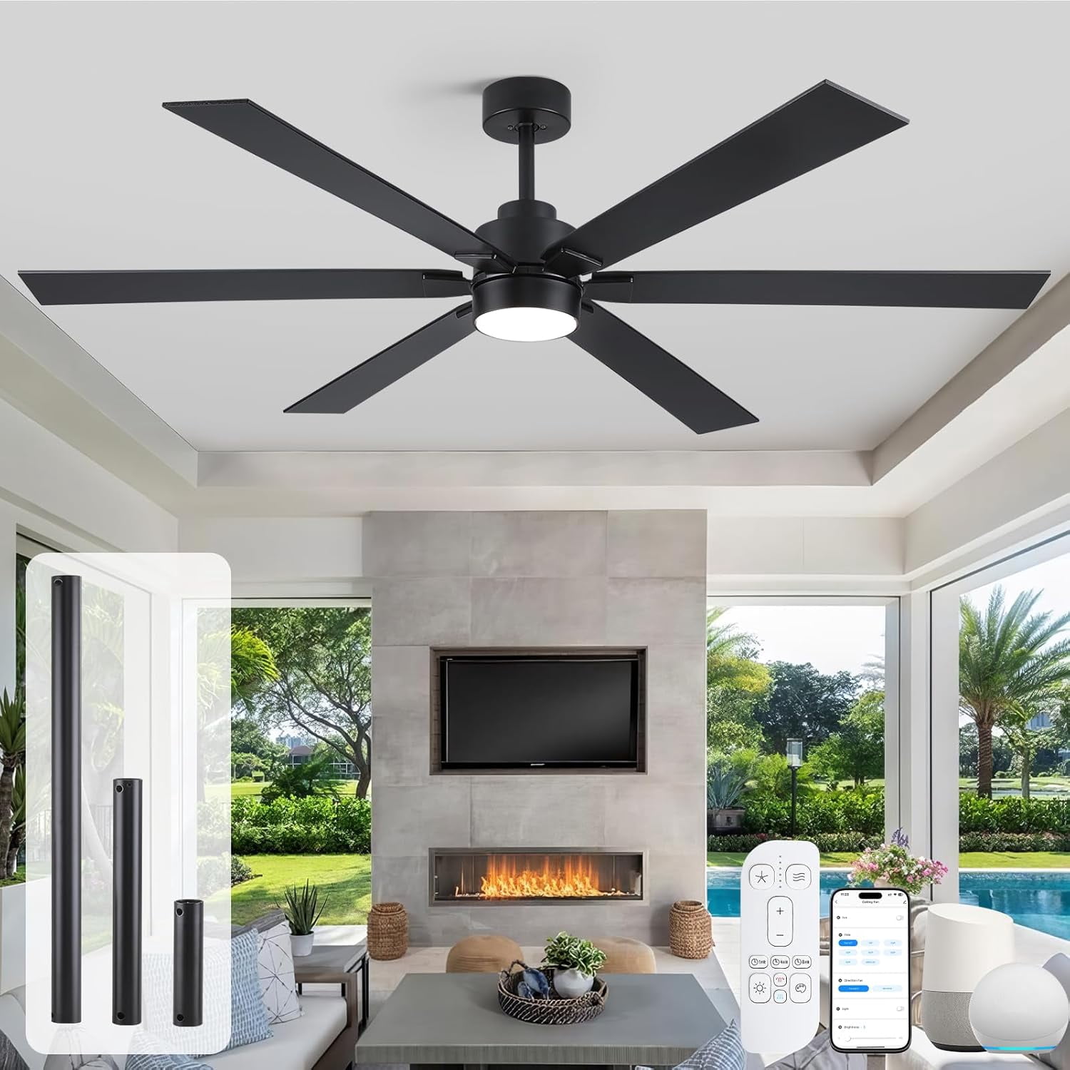 66 Inch Smart Ceiling Fan with Light, Modern Black Industrial Home ...