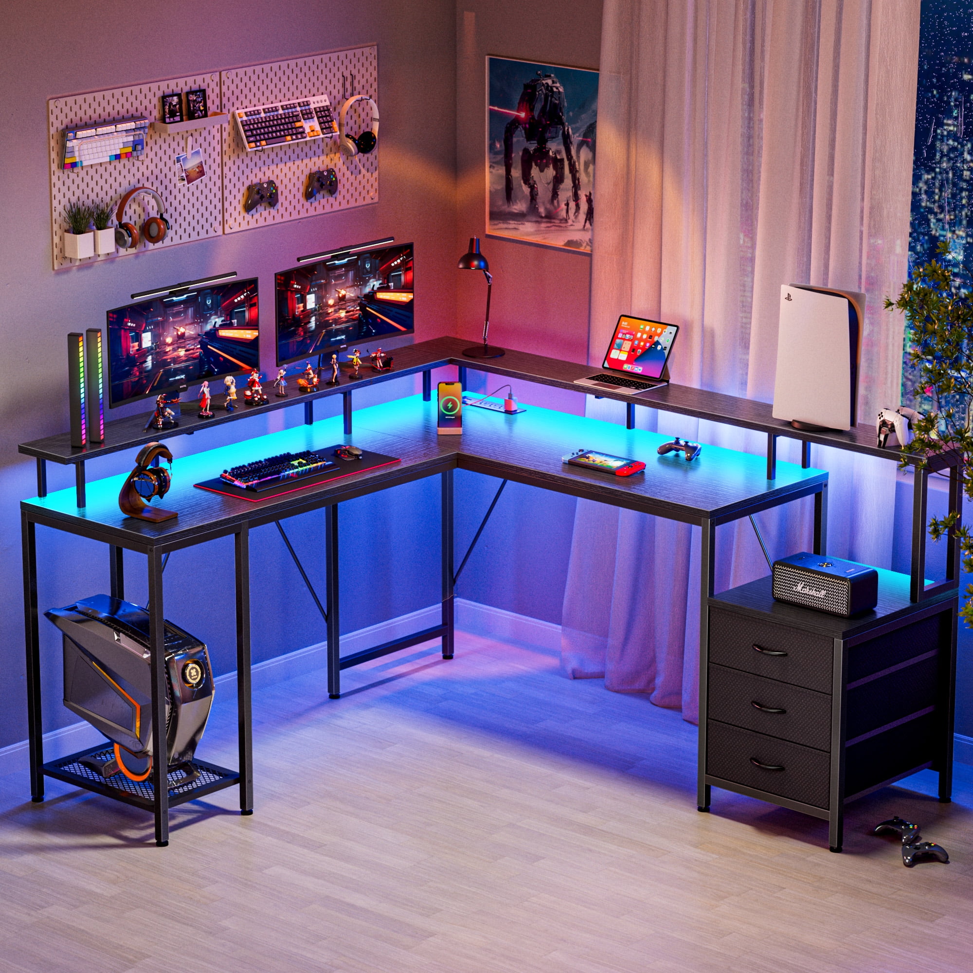 66" L Computer Desk, LED Gaming Desk with 3 Drawers and Power Outlets ...