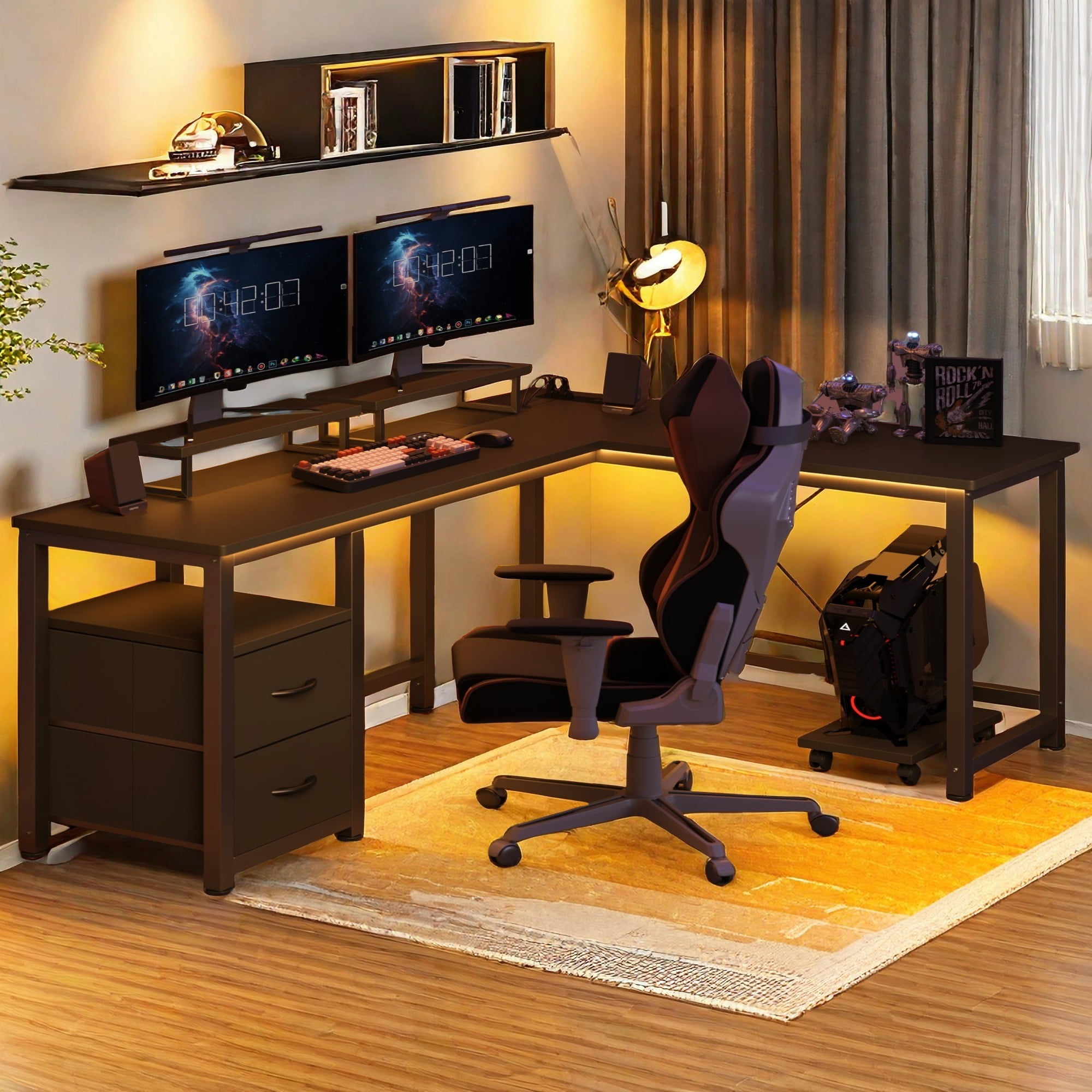 66" L Shaped Computer Desk with Power Outlets, Gaming Desk with Shelf ...