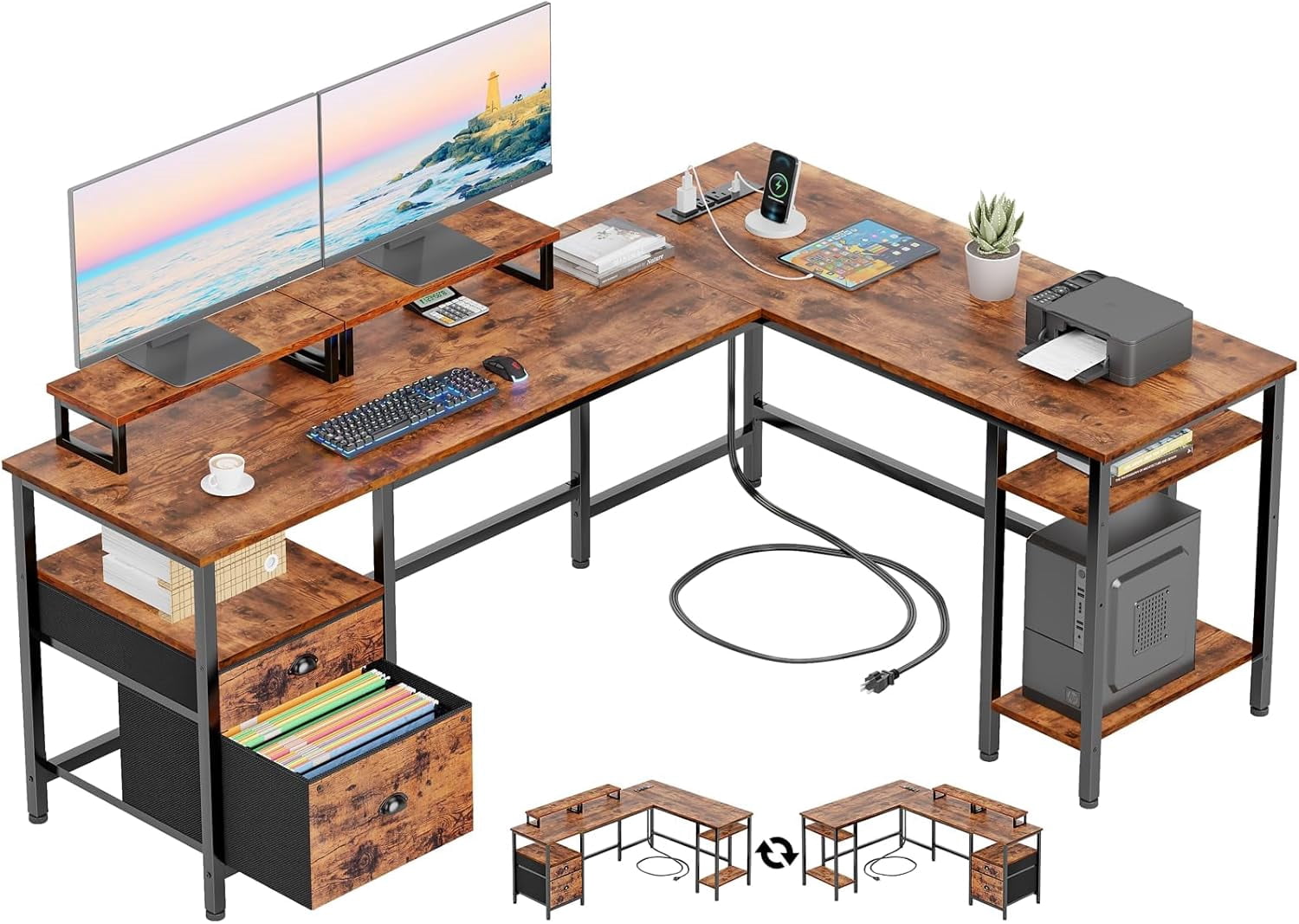 66” L Shaped Desk with Power Outlet, Reversible Computer Gaming Desk ...