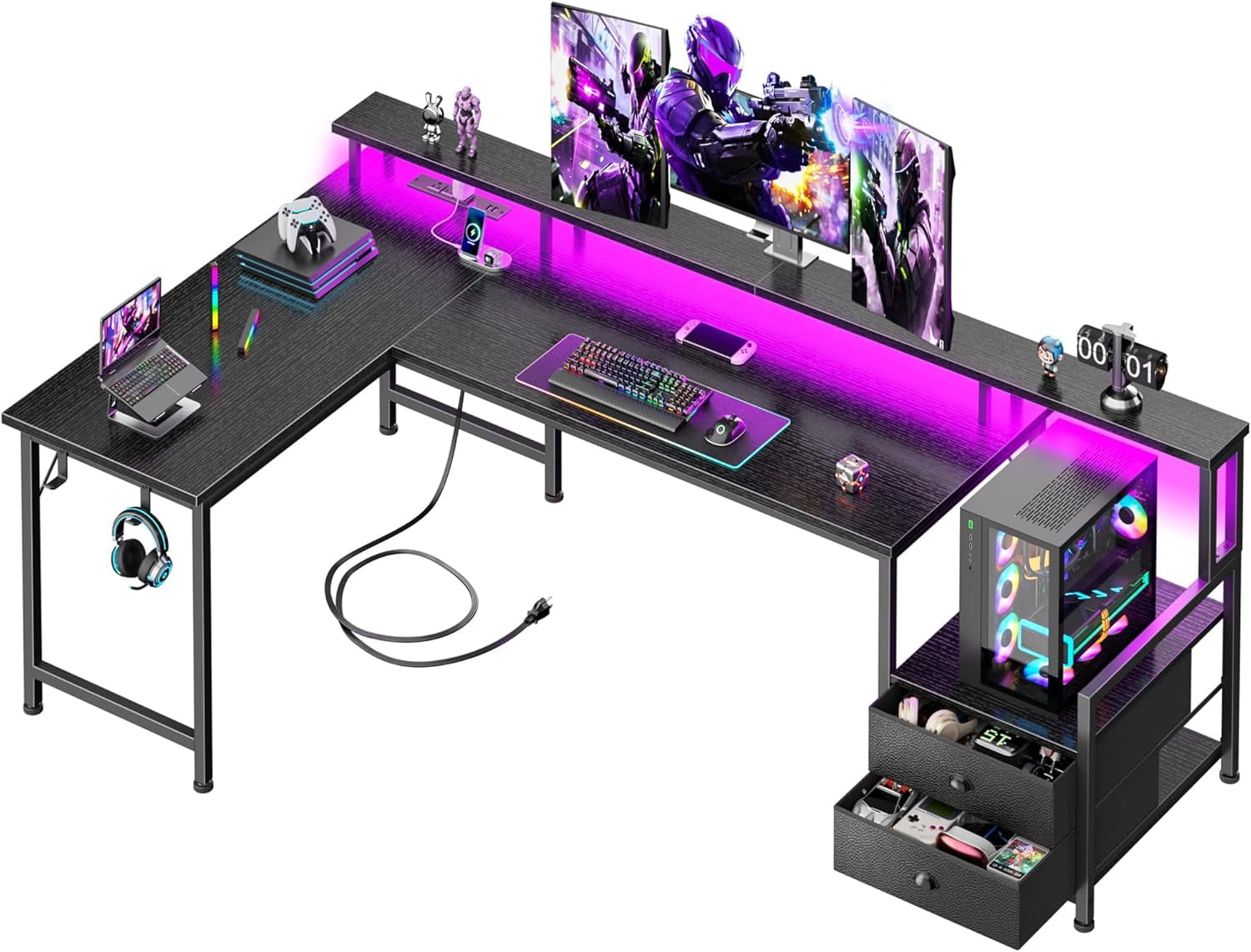 66'' L Shaped Gaming Desk with Drawers and Storage Shelves, Reversible ...