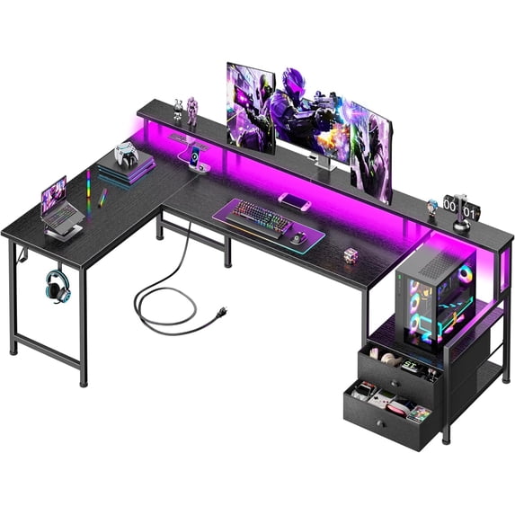 66'' L Shaped Gaming Desk with Drawers and Storage Shelves, Reversible ...