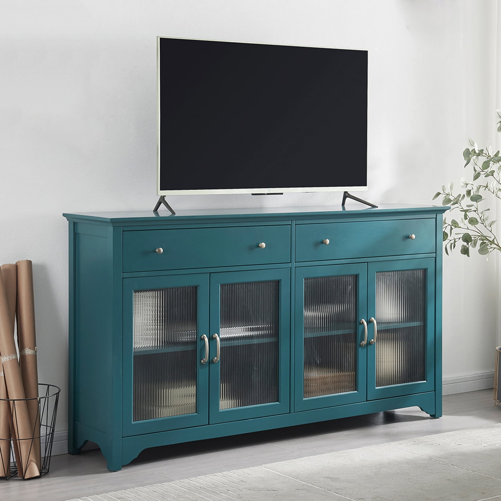 66’’ Modern TV Console With Glass Door,Wooden Entertainment Center for ...