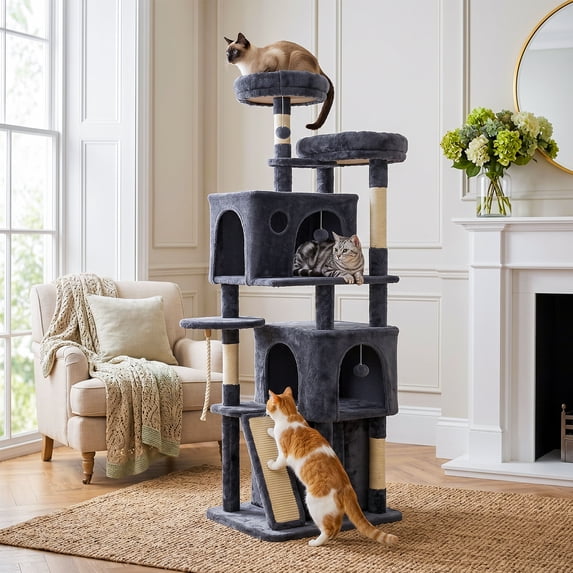 66" Multi-Level Large Cat Tree Tower with 2 Spacious Cat Condos, Sisal ...