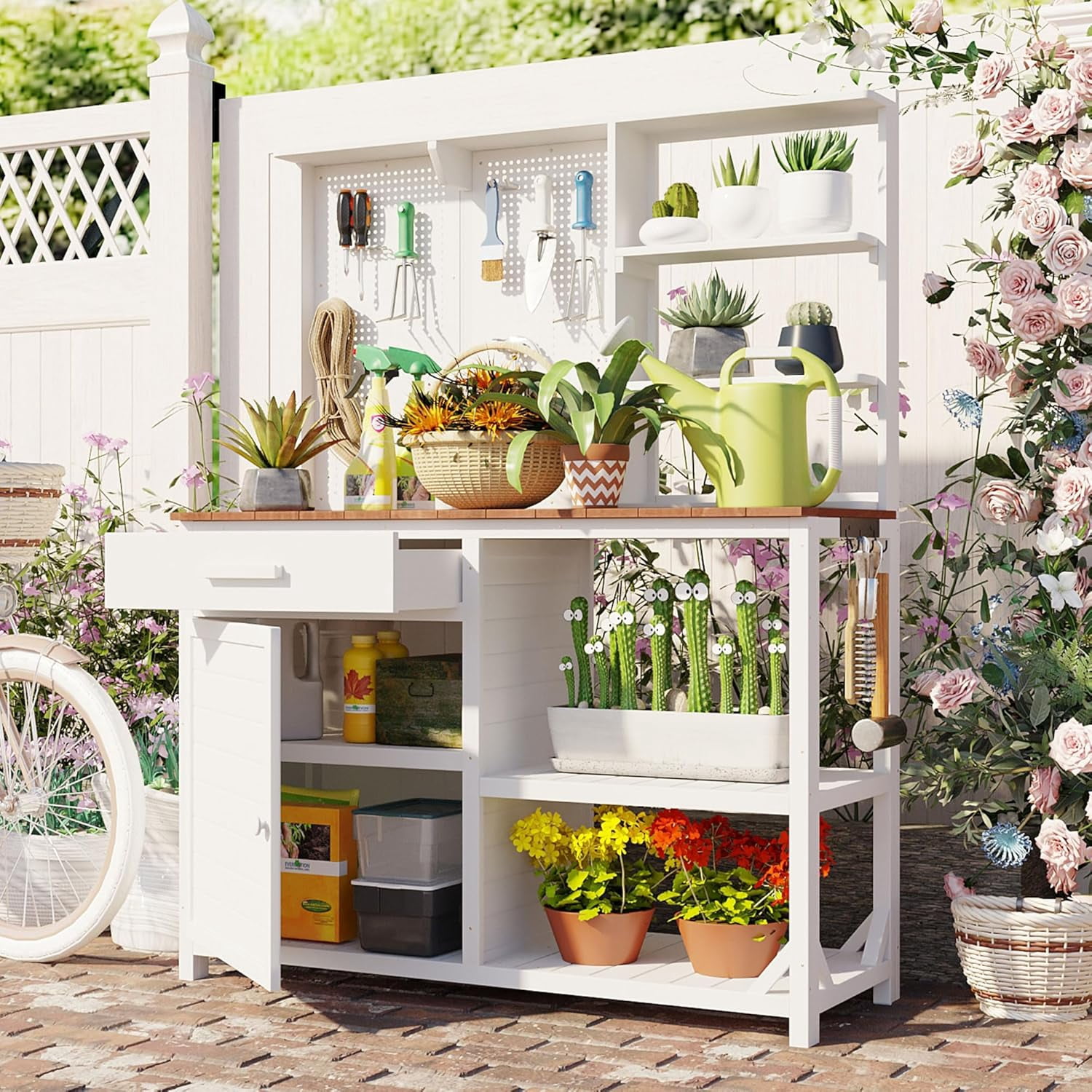 66'' Outdoor Wood Potting Bench Table, Farmhouse Garden Workstation ...