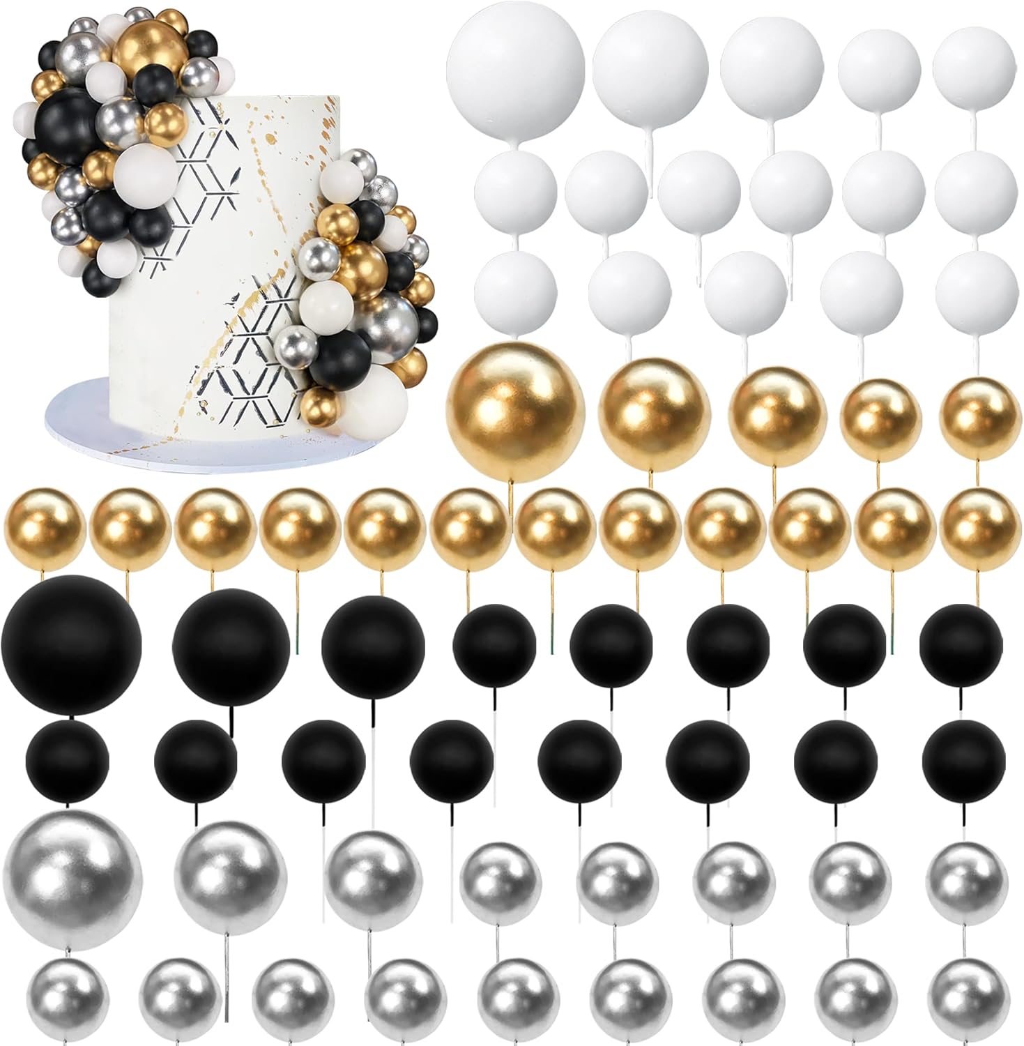 66 PCS Ball Cake Picks Gold 4 Sizes for DIY Baking Decoration Cupcake ...