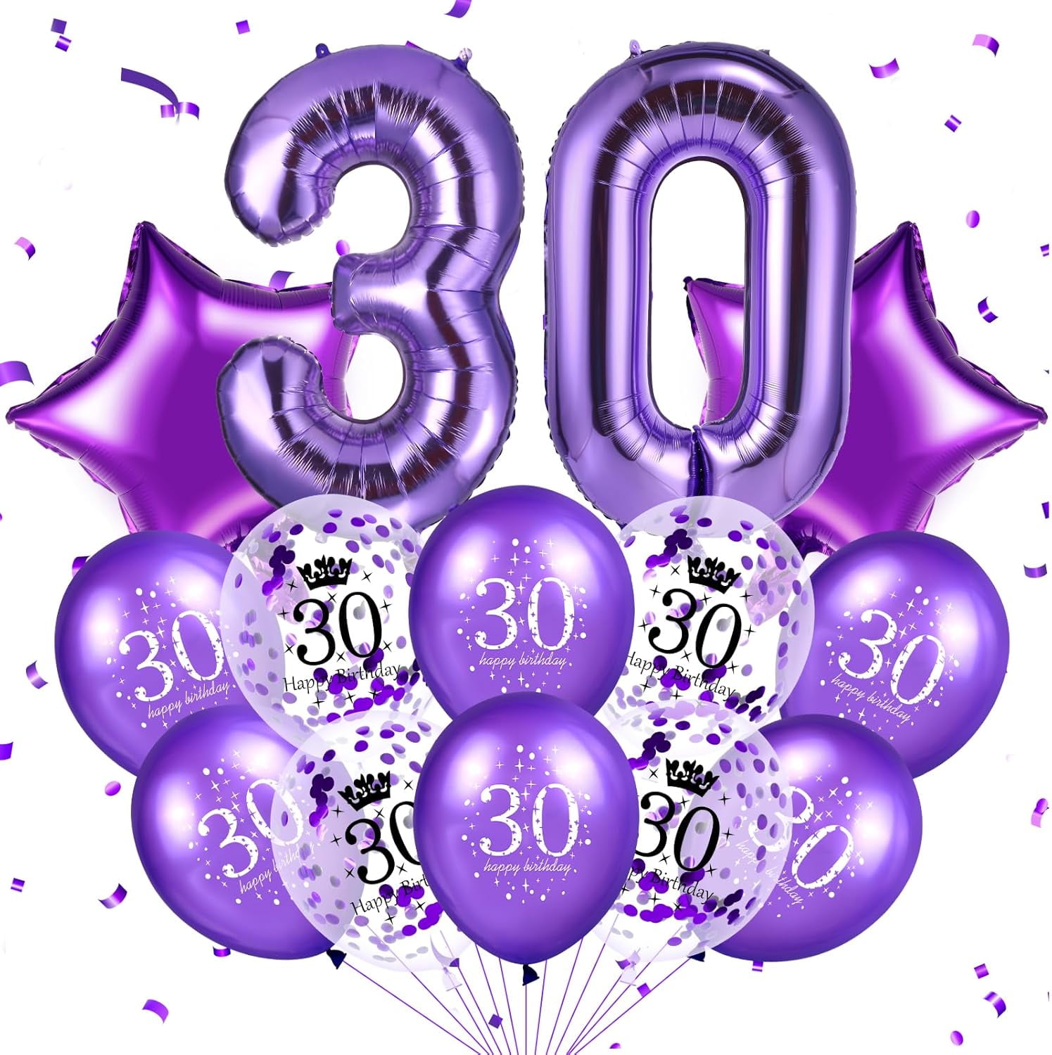 RUMIA Purple 30th Birthday Balloons, 14 Count: 30 Inch Number 30, Star ...
