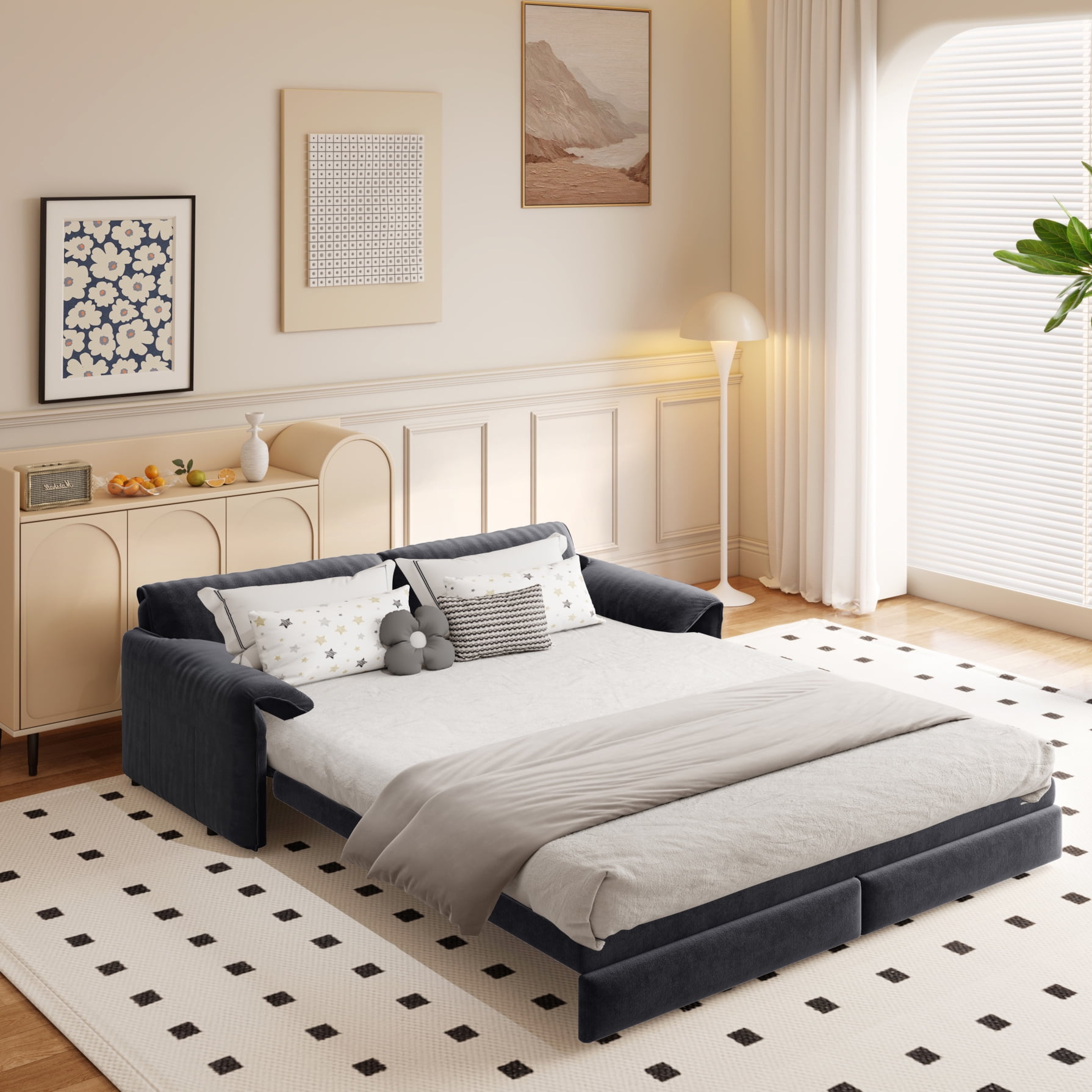 66" Queen Pull Out Sofa Bed, 3-in-1 Convertible Sleeper Sofa with Side Storage Bag and Thickness ...