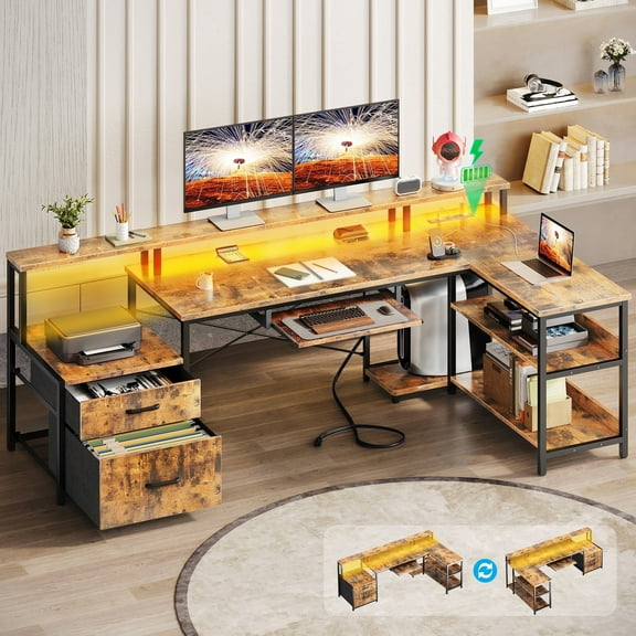 L Shaped Desk with 5 File Drawers, 75" Reversible L Shaped Computer ...