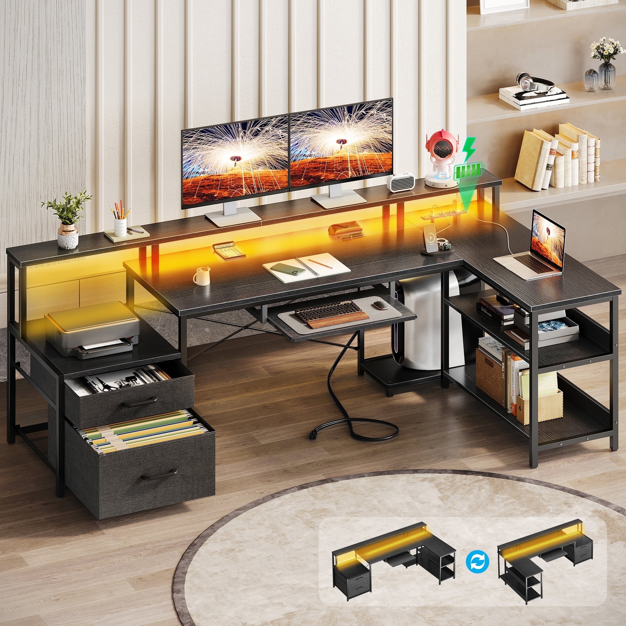 66" Reversible L Shaped Desk with File Drawer & Power Outlet, Modern Computer Desk with Keyboard ...