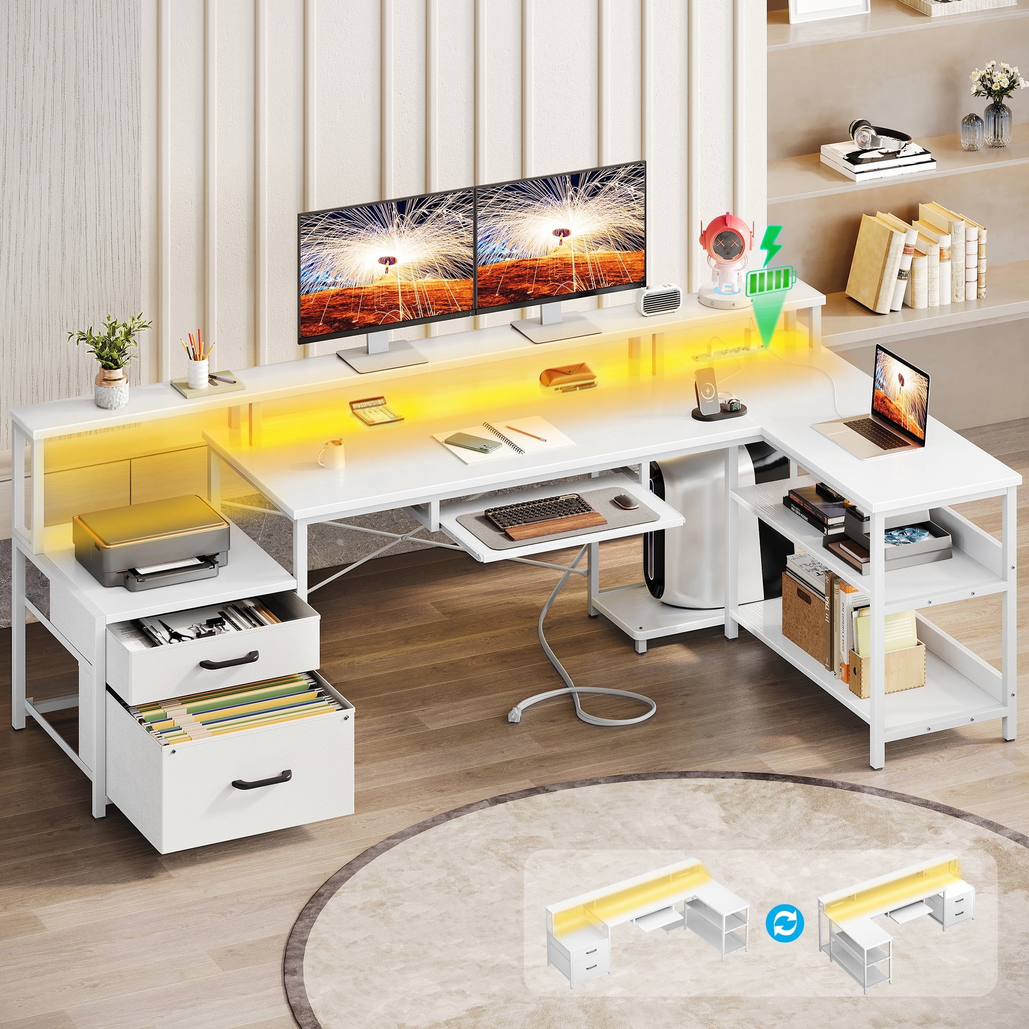 66" Reversible L Shaped Desk with File Drawer & Power Outlet, Modern ...