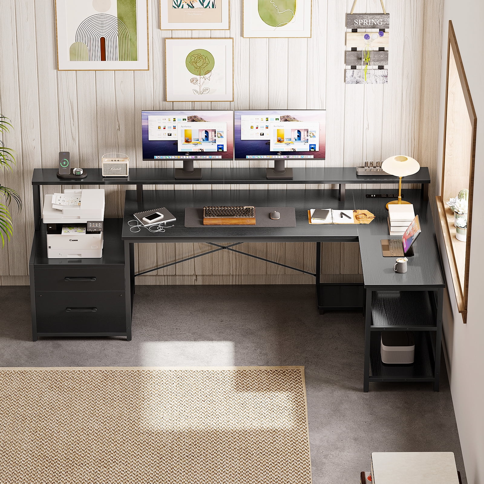 66" Reversible L Shaped Desk with File Drawer & Power Outlet, Modern ...