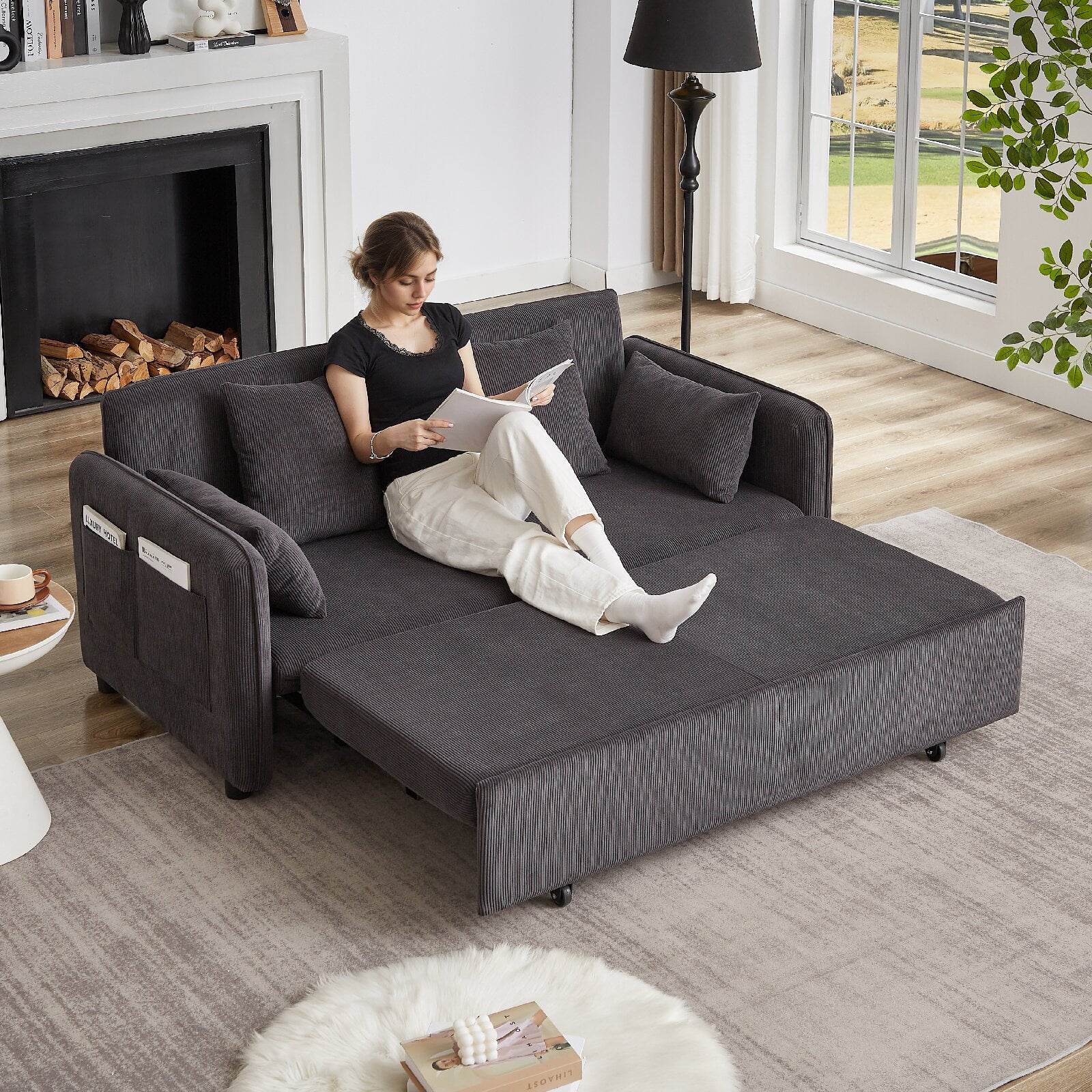 66" Sleeper Sofa Bed 3-in-1 Adjustable Sleeper with Side Pockets and ...