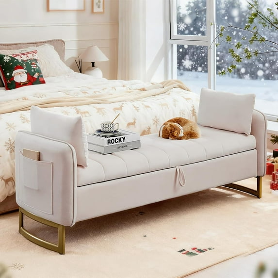66" Storage Bench for Bedroom King Size,Velvet End of Bed Bench with ...