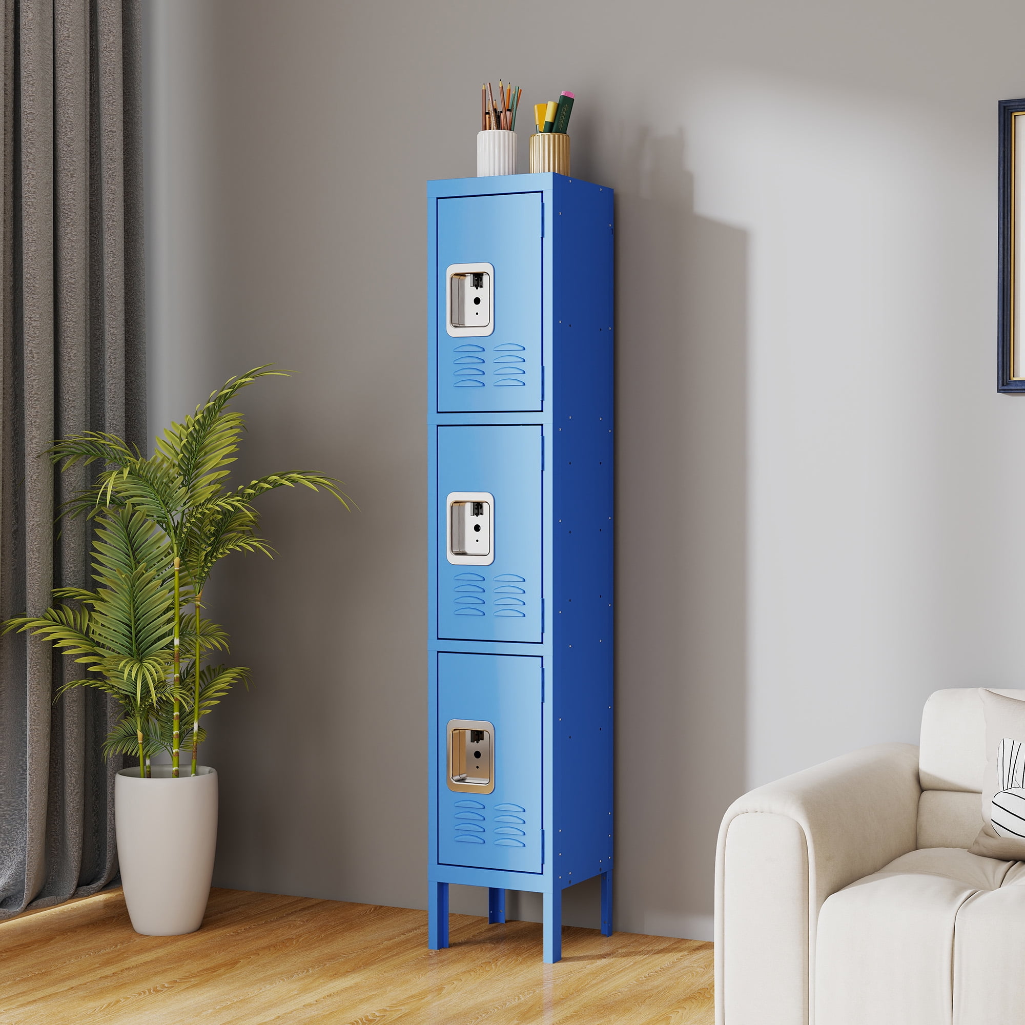 66" Tall Blue Metal Locker with 3 Doors, Employee Storage Locker with ...