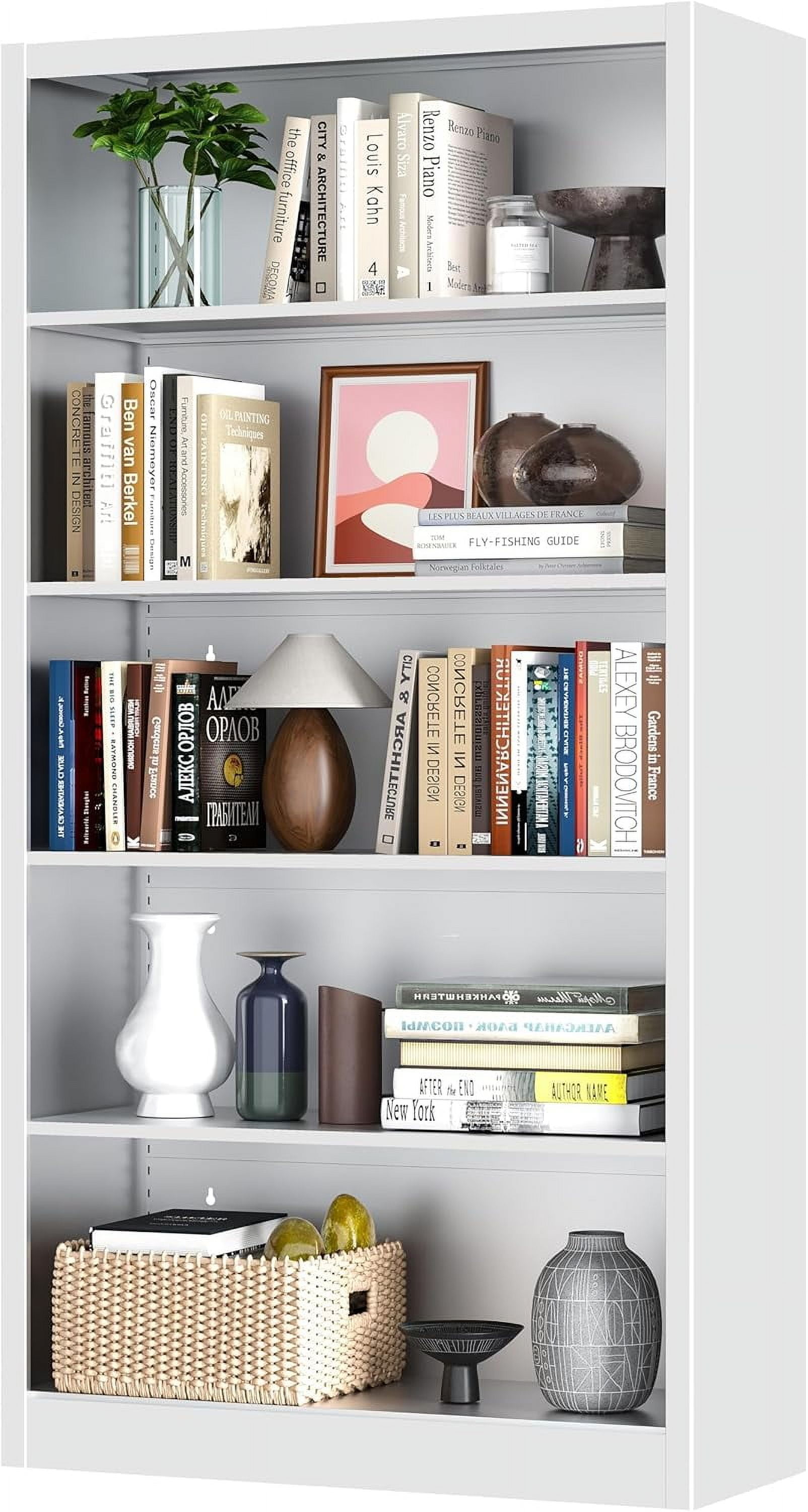 66" Tall Metal Bookcase, 5 Shelf White Bookcase with Adjustable Shelves ...