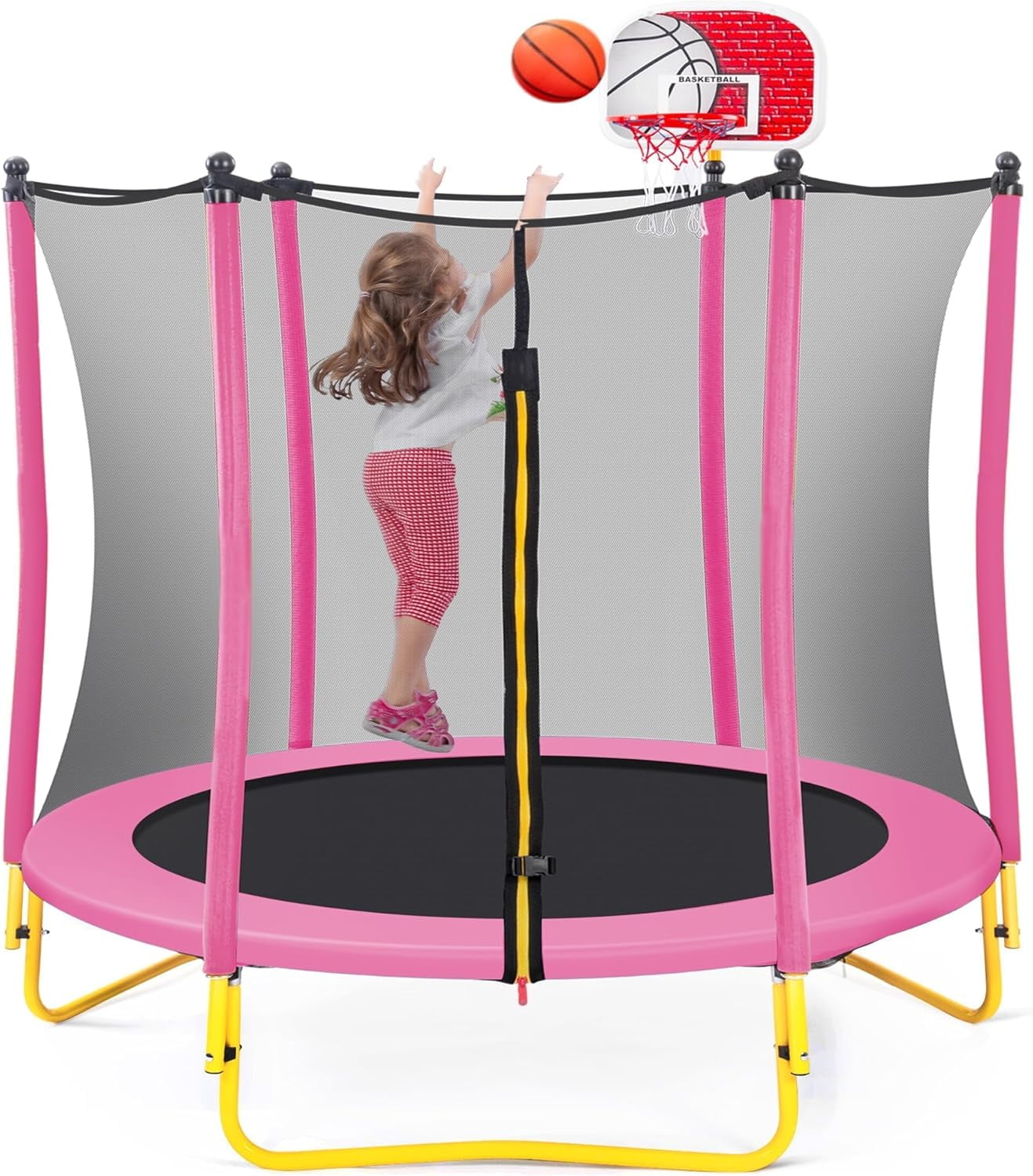 66'' Trampoline for Kids with Basketball Hoop, Rubber Ball and ...