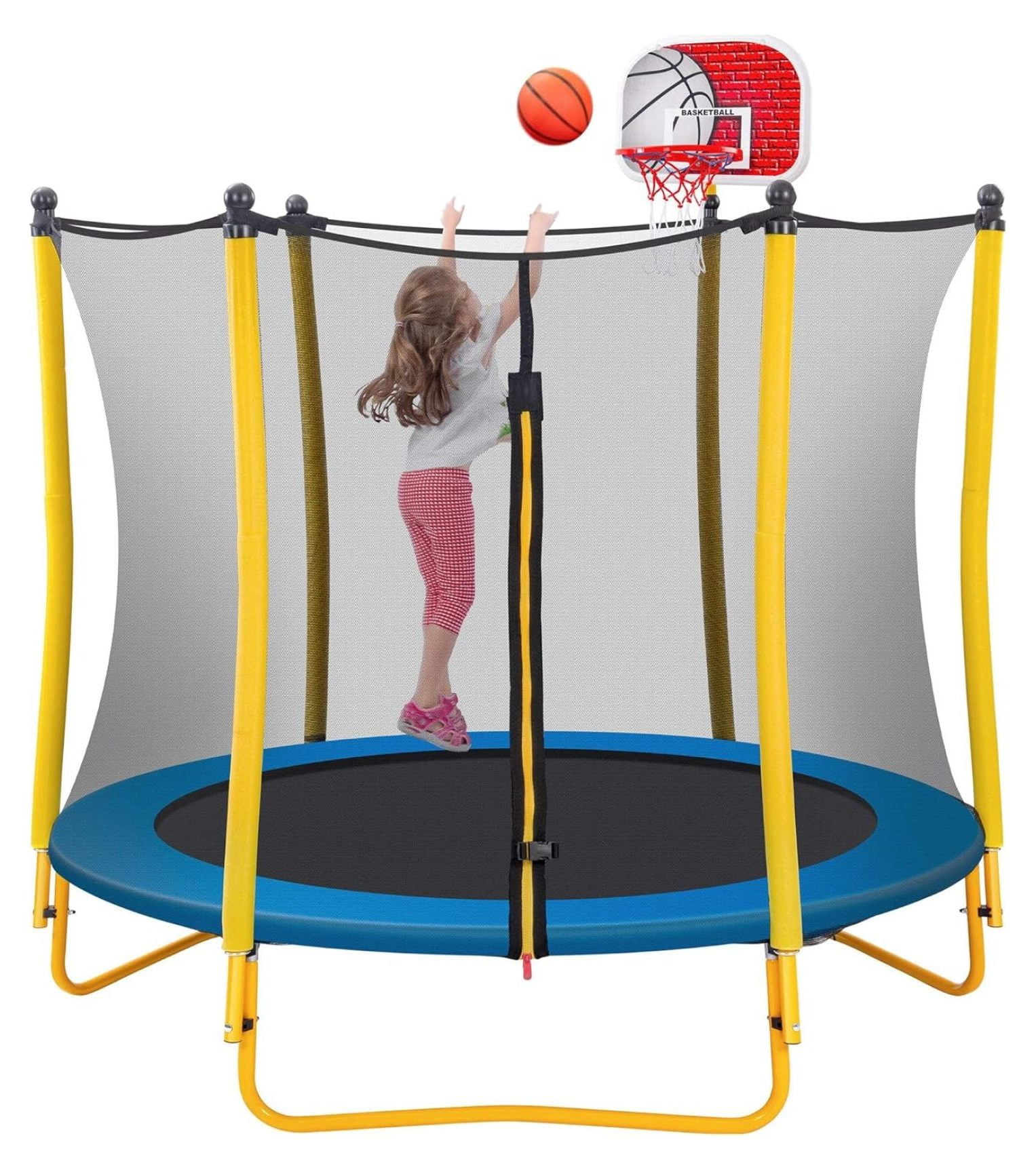 66'' Trampoline for Kids with Basketball Hoop, Rubber and Enclosure Net ...