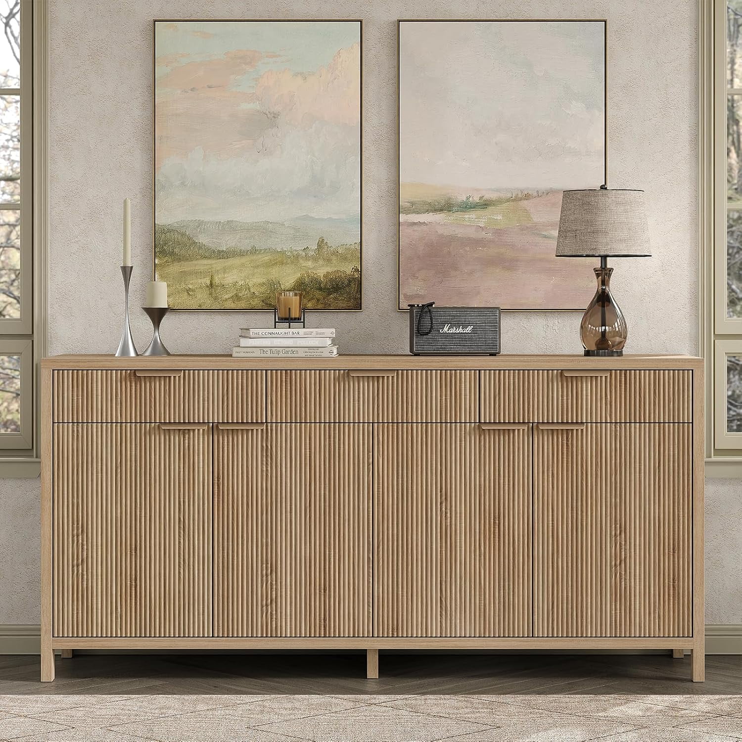 66" W Fluted Buffet Cabinet, Sideboard Storage Cabinet with 3 Drawers ...