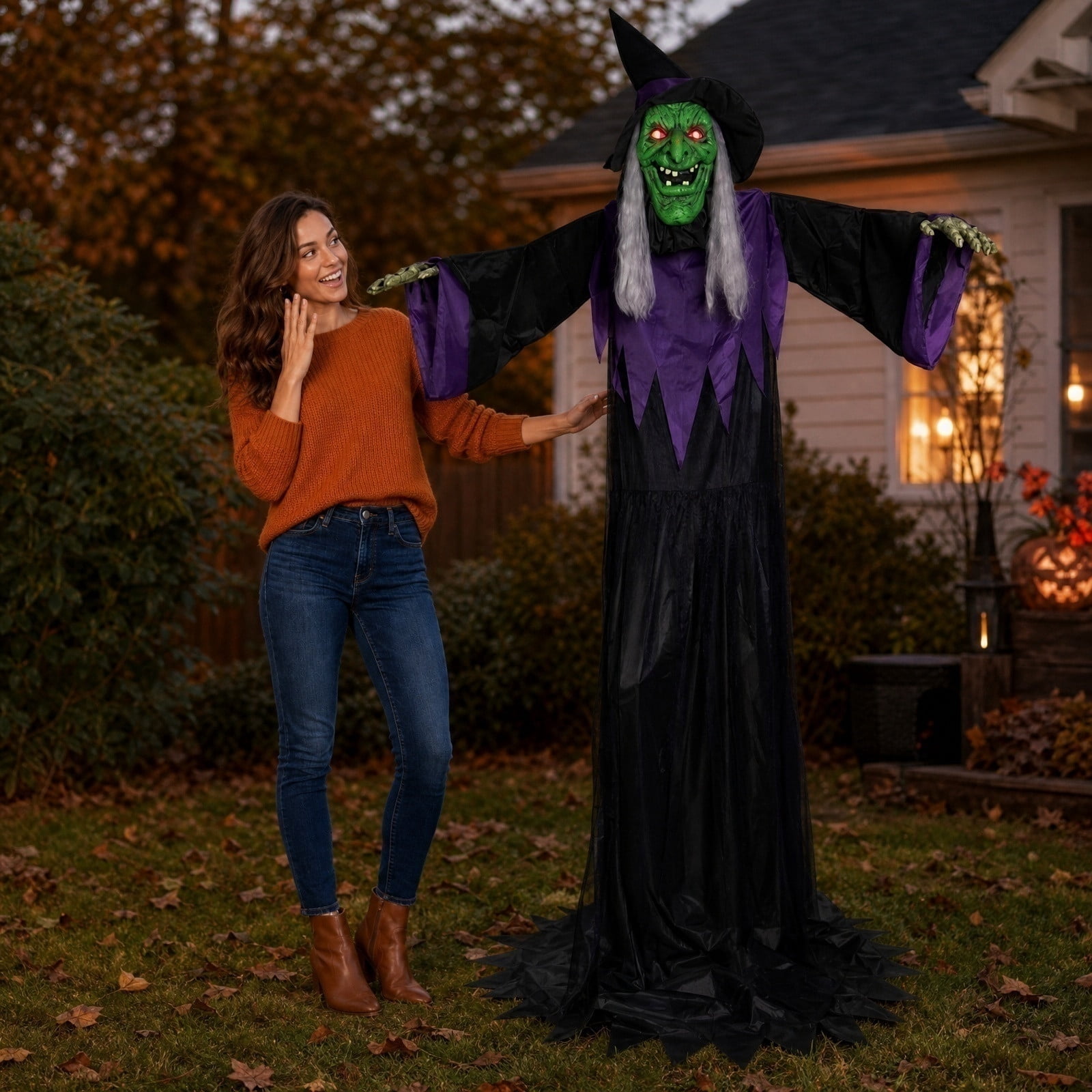 66 inch Standing Halloween Witch Prop with Glowing Red LED Eyes,Life ...
