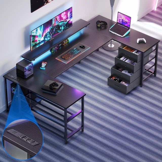 66 inch U Shaped Gaming Desk with Multiple Shelves, Drawers, Adjustable ...