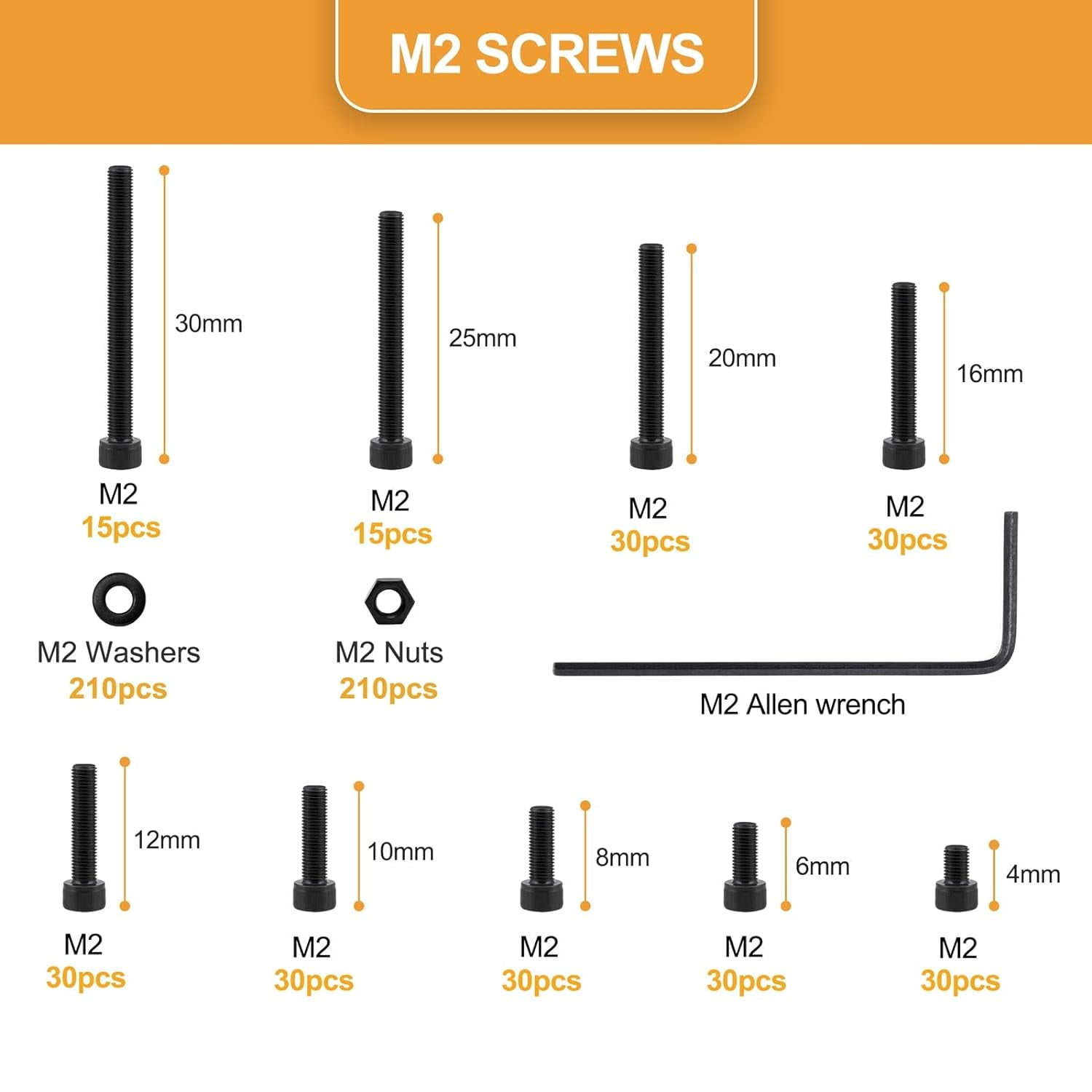 660Pcs M2 Screws Set Black, M2 x 4/6/8/10/12/16/20/25/30mm Hex Socket ...