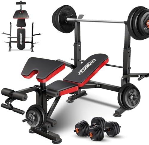 660lbs 6 in 1 Weight Bench Set with Squat Rack, Workout Bench with Leg Extension Preacher Curl ...
